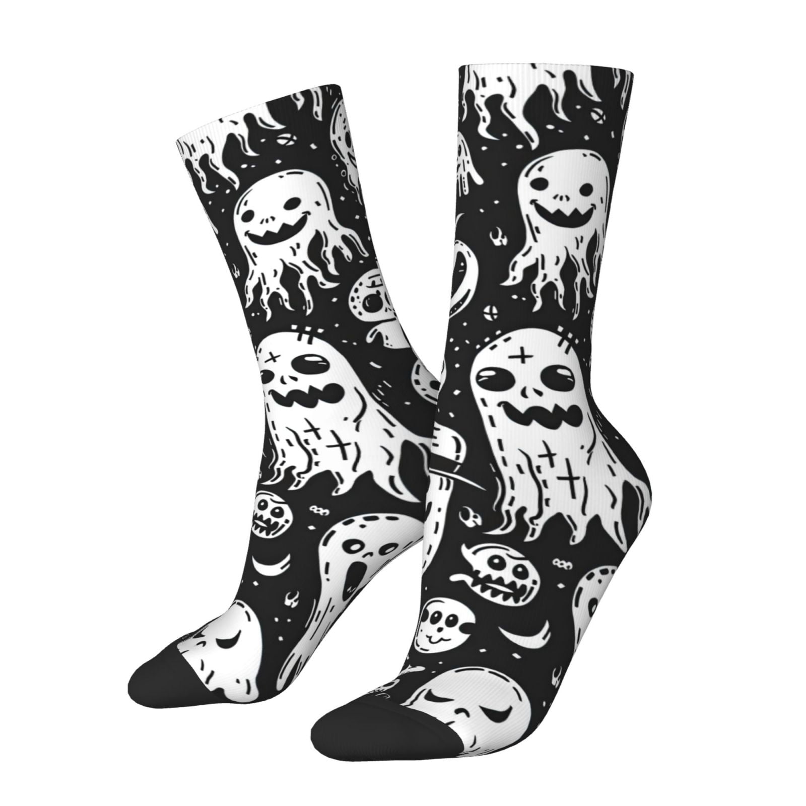Daiia Black White Spooky Ghosts Print Crew Socks – Soft Breathable Long ...