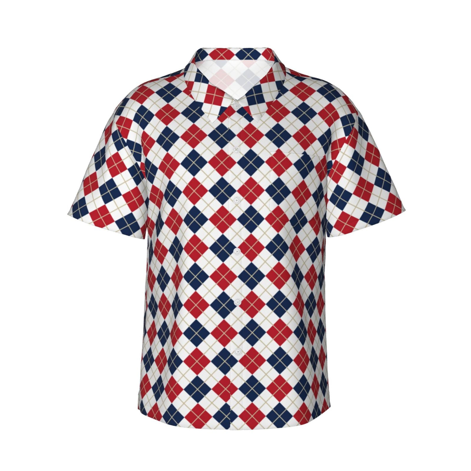 Daiia Blue And Red Diamond Print Hawaiian Shirt for Men Gentle Cotton ...