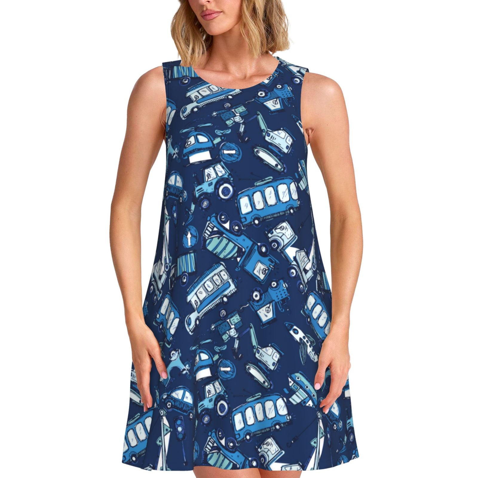 Daiia Blue Bus Print Women's Dresses 2025 Trendy Short sleeve Dresses ...