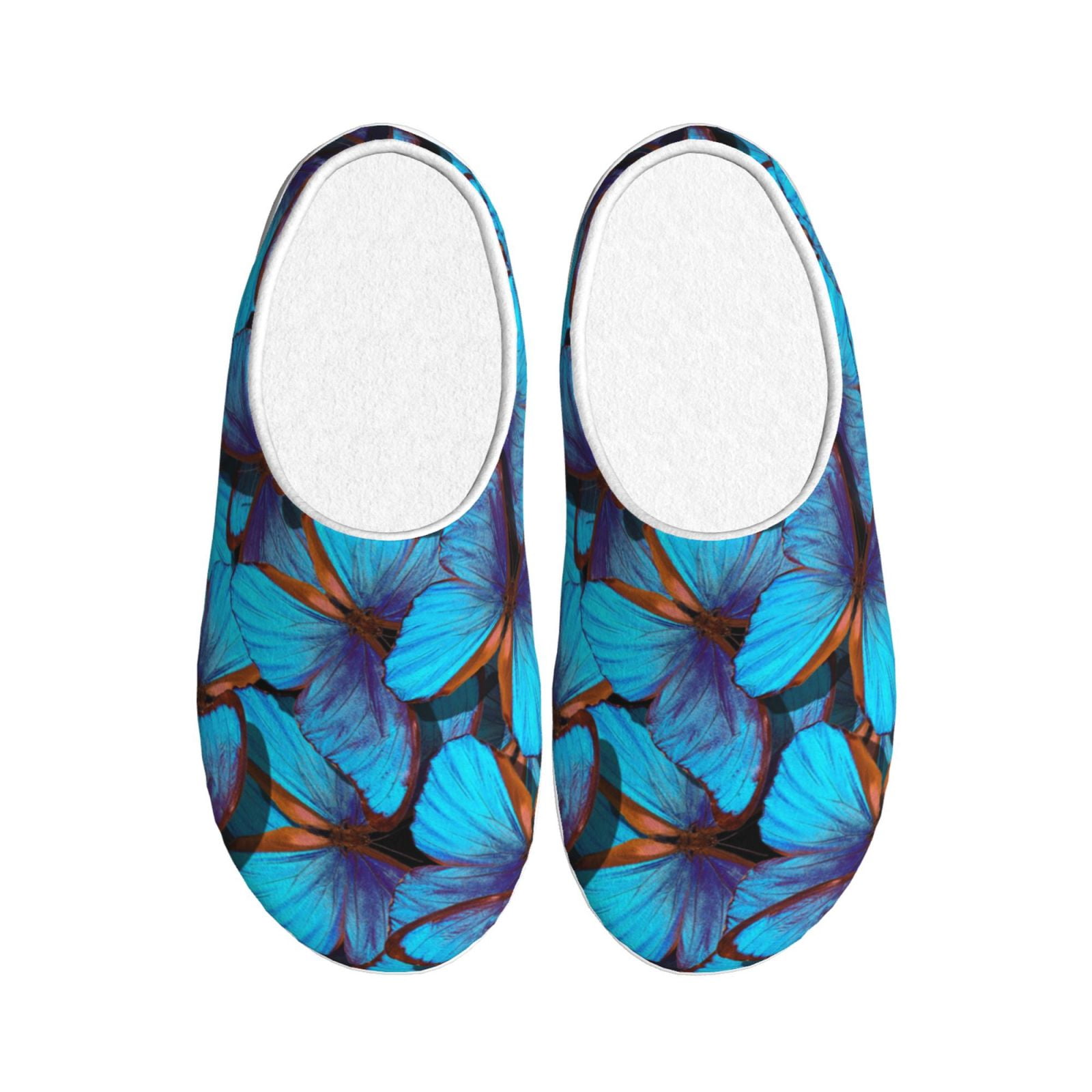 Daiia Blue Butterflies Print Women’s Fuzzy Slippers Memory Foam ...
