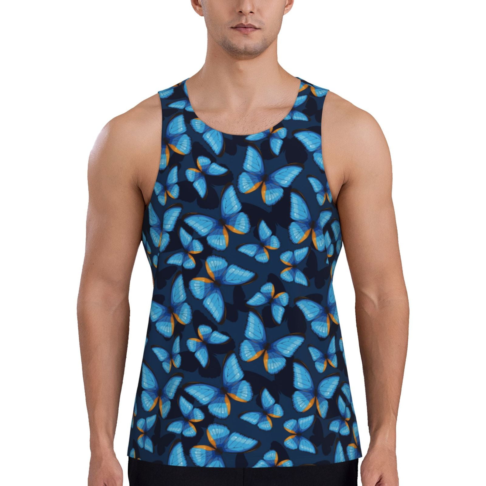 Daiia Blue Butterfly Printed Men's Quick Dry Fit Muscle Tank Top Slim ...