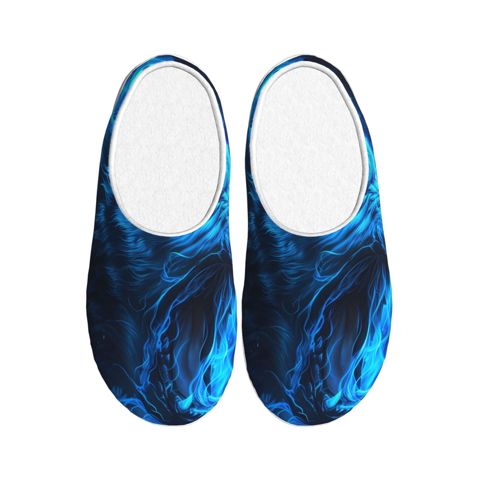 Daiia Blue Fire Wolf Print Women’s Fuzzy Slippers Memory Foam ...
