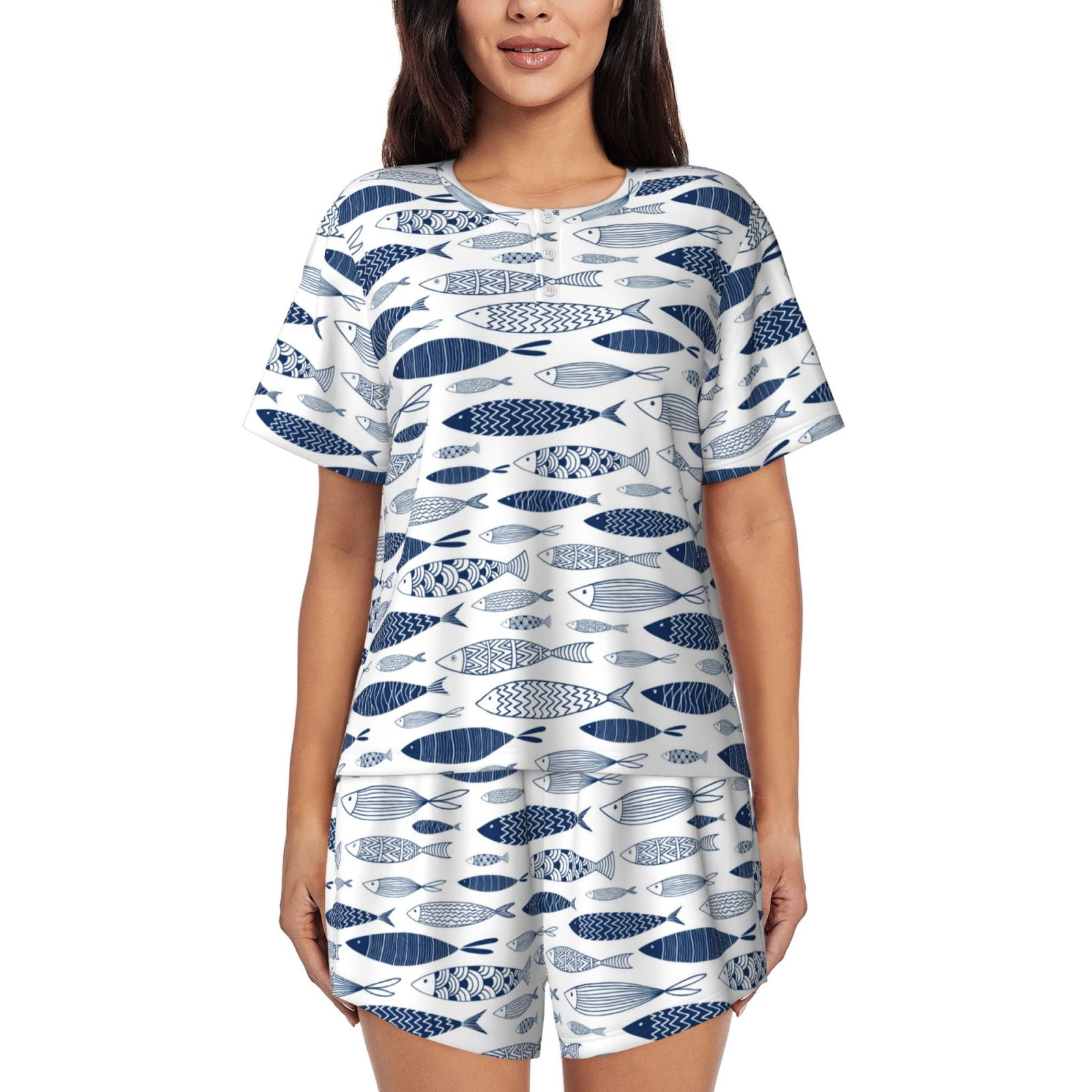 Daiia Blue Fish Pattern Womens Pajama Sets Short Sleeve Pajamas for ...