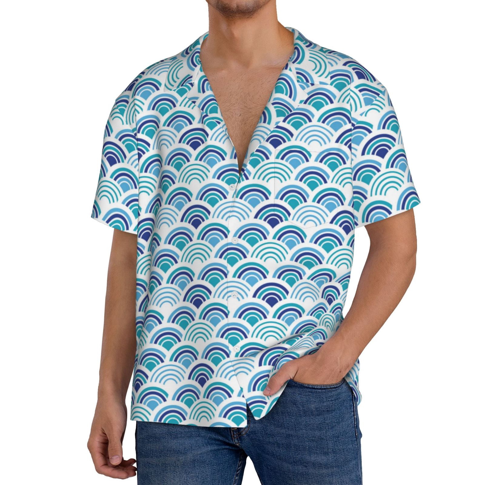 Daiia Blue Fish Scale Texture Men's Linen Shirts Short Sleeve Casual ...