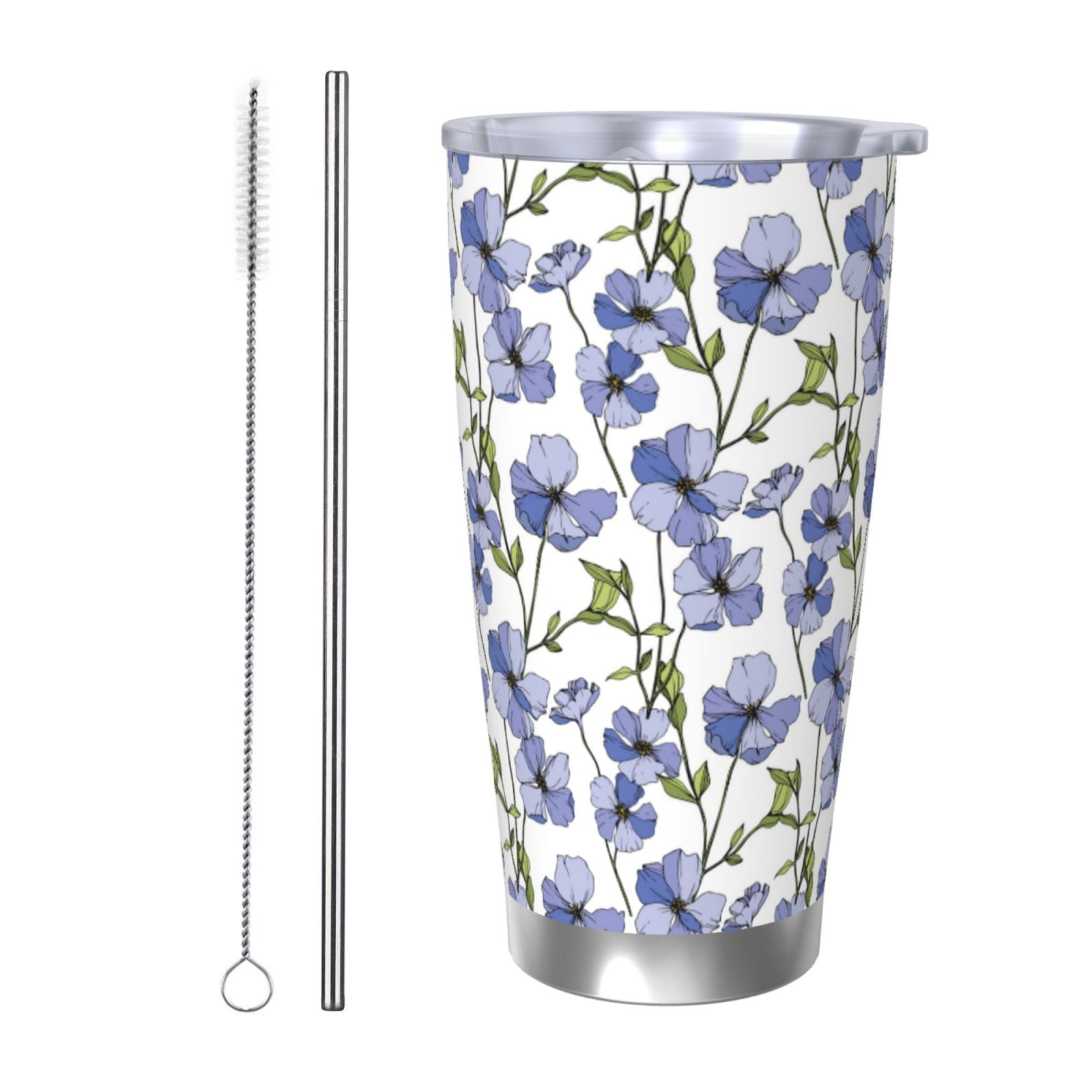 Daiia Blue Flax Flowers Printed 20oz Insulated Coffee Cup with Straw ...