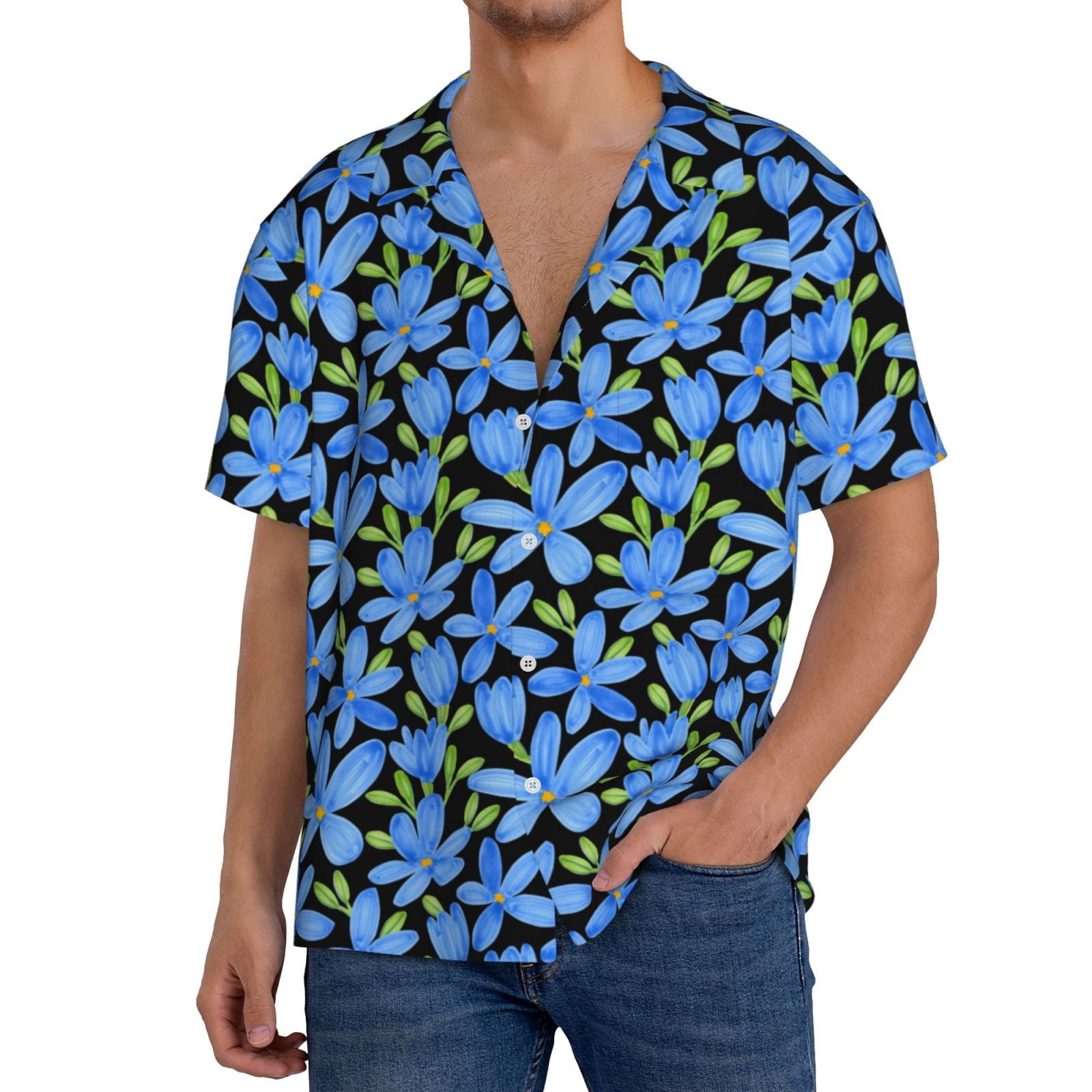 Daiia Blue Flowers Men's Linen Shirts Short Sleeve Casual Shirts Button ...