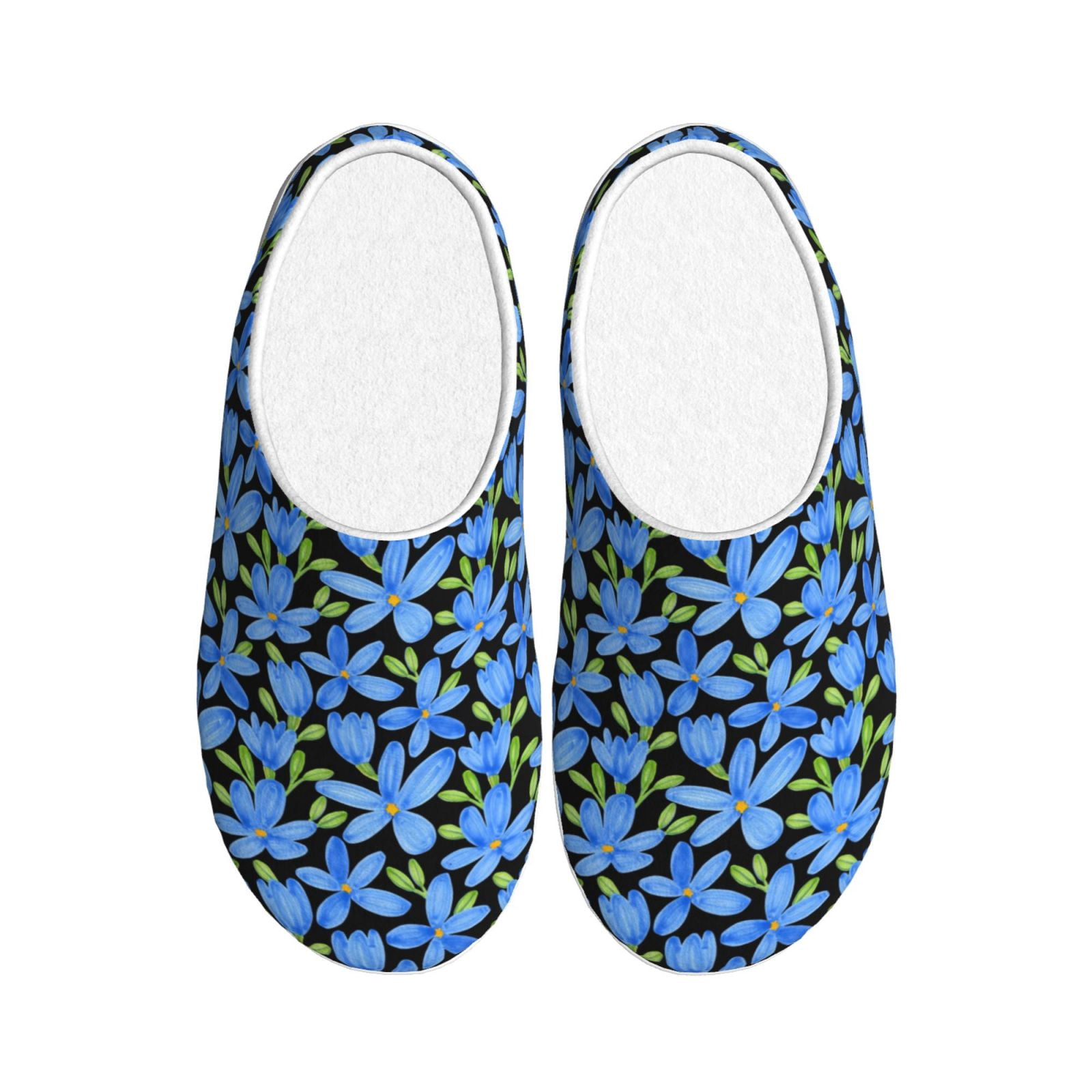 Daiia Blue Flowers Print Women’s Fuzzy Slippers Memory Foam Lightweight ...