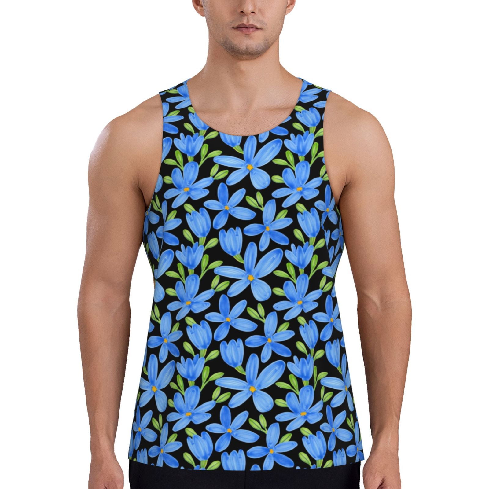 Daiia Blue Flowers Printed Men's Quick Dry Fit Muscle Tank Top Slim-Fit ...