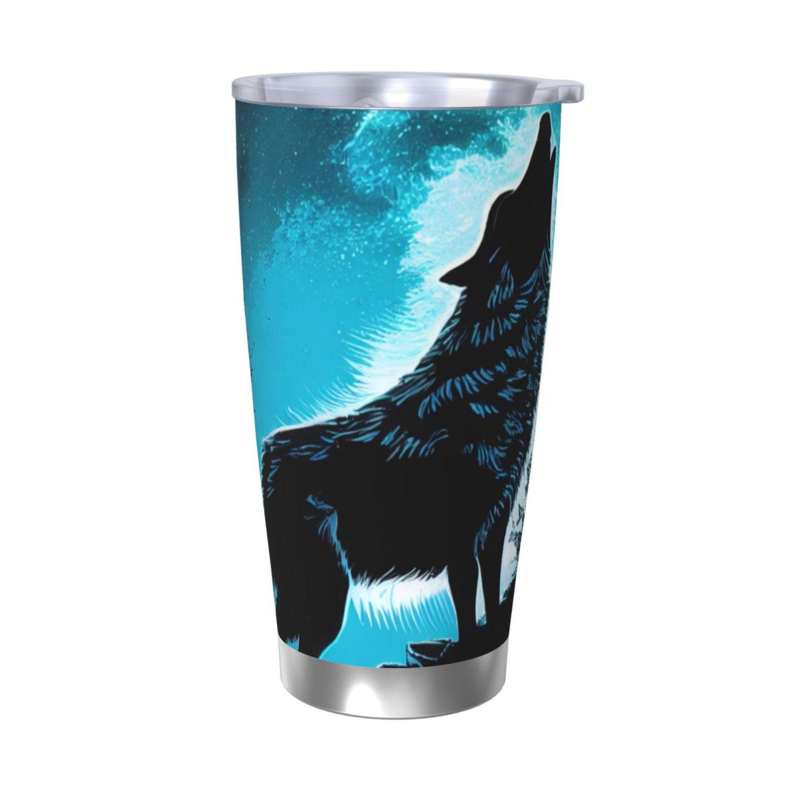 Daiia Blue Full Moon Wolf Printed 20oz Insulated Coffee Cup with Straw ...