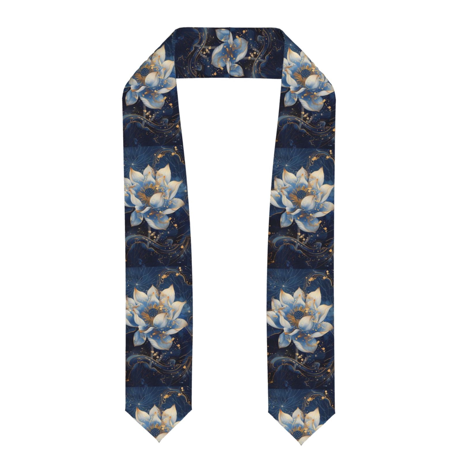 Daiia Blue Golden Dream Lotus Pattern Graduation Shawl Stole – Satin ...