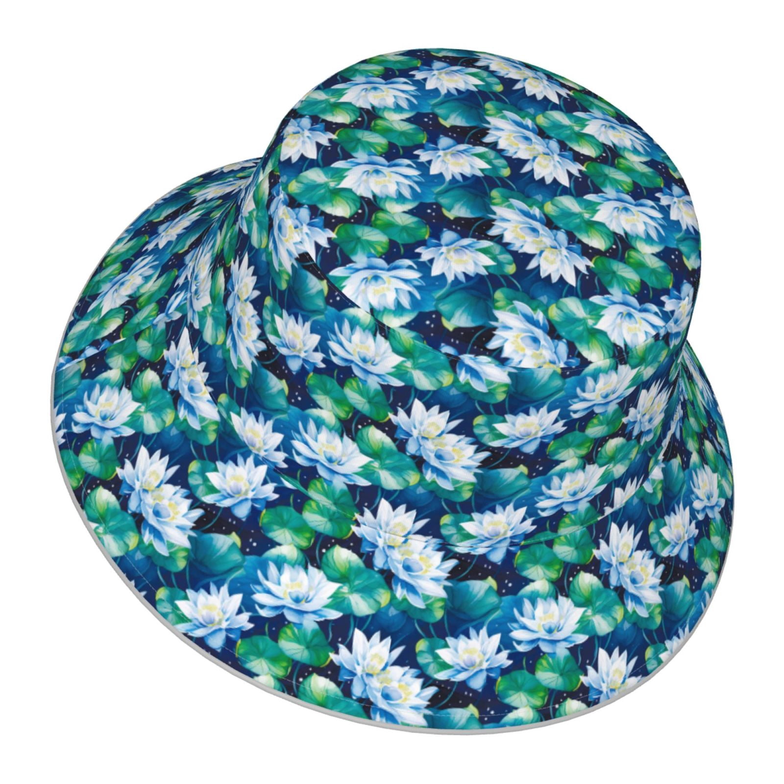 Daiia Blue Lotus Flower Pattern Bucket Hat - Trendy Cotton Sun Hat for ...