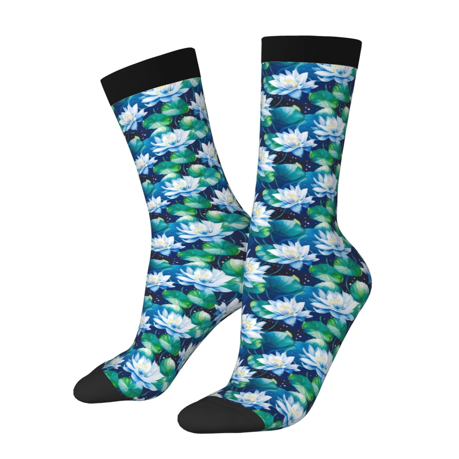 Daiia Blue Lotus Flower Print Crew Socks – Soft Breathable Long Socks ...