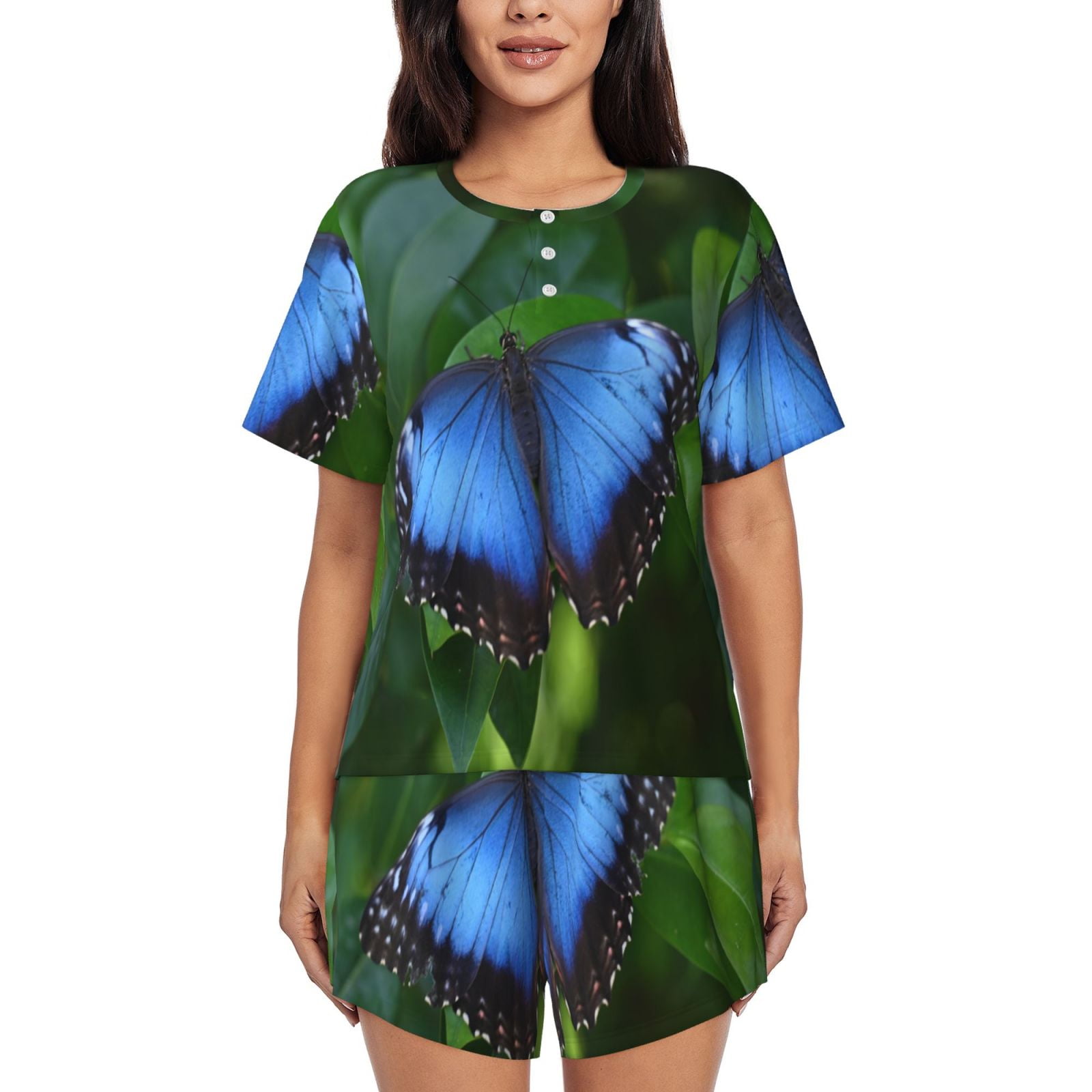 Daiia Blue Morpho butterfly Pattern Womens Pajama Sets Short Sleeve ...