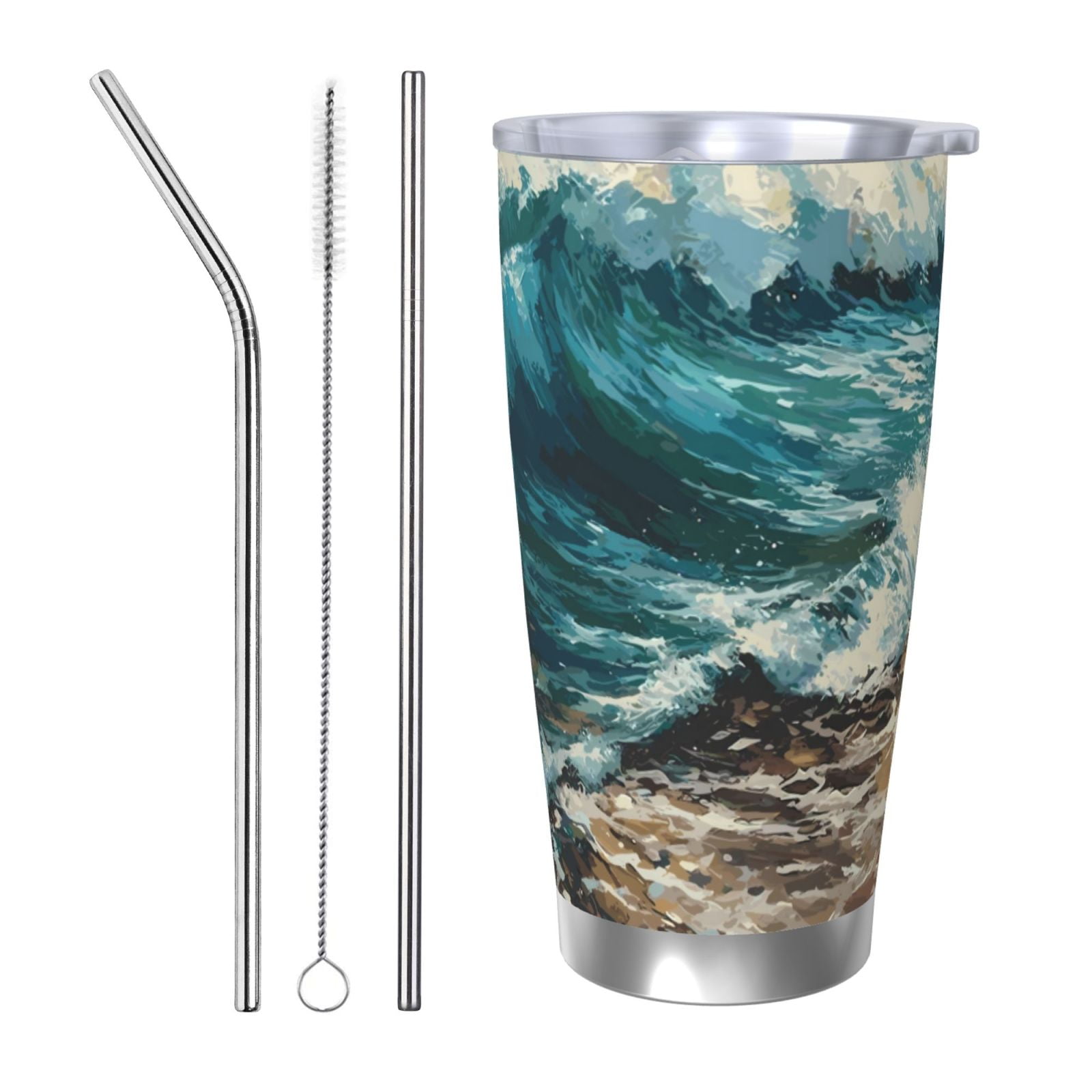 Daiia Blue Ocean Waves Printed 20oz Insulated Coffee Cup with Straw ...