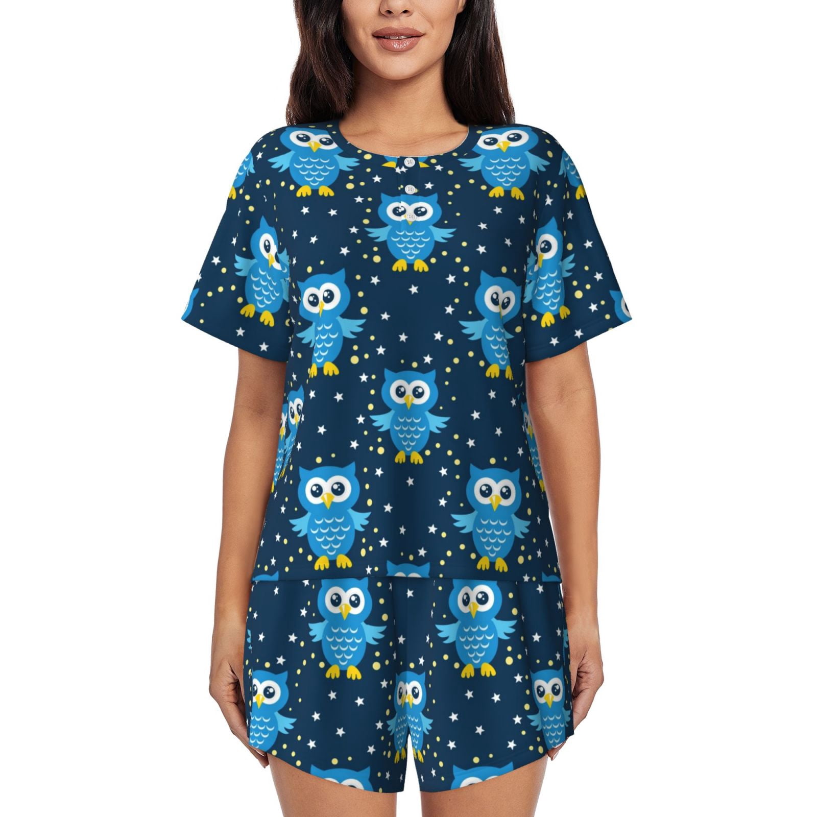 Daiia Blue Owl Pattern Womens Pajama Sets Short Sleeve Pajamas for ...
