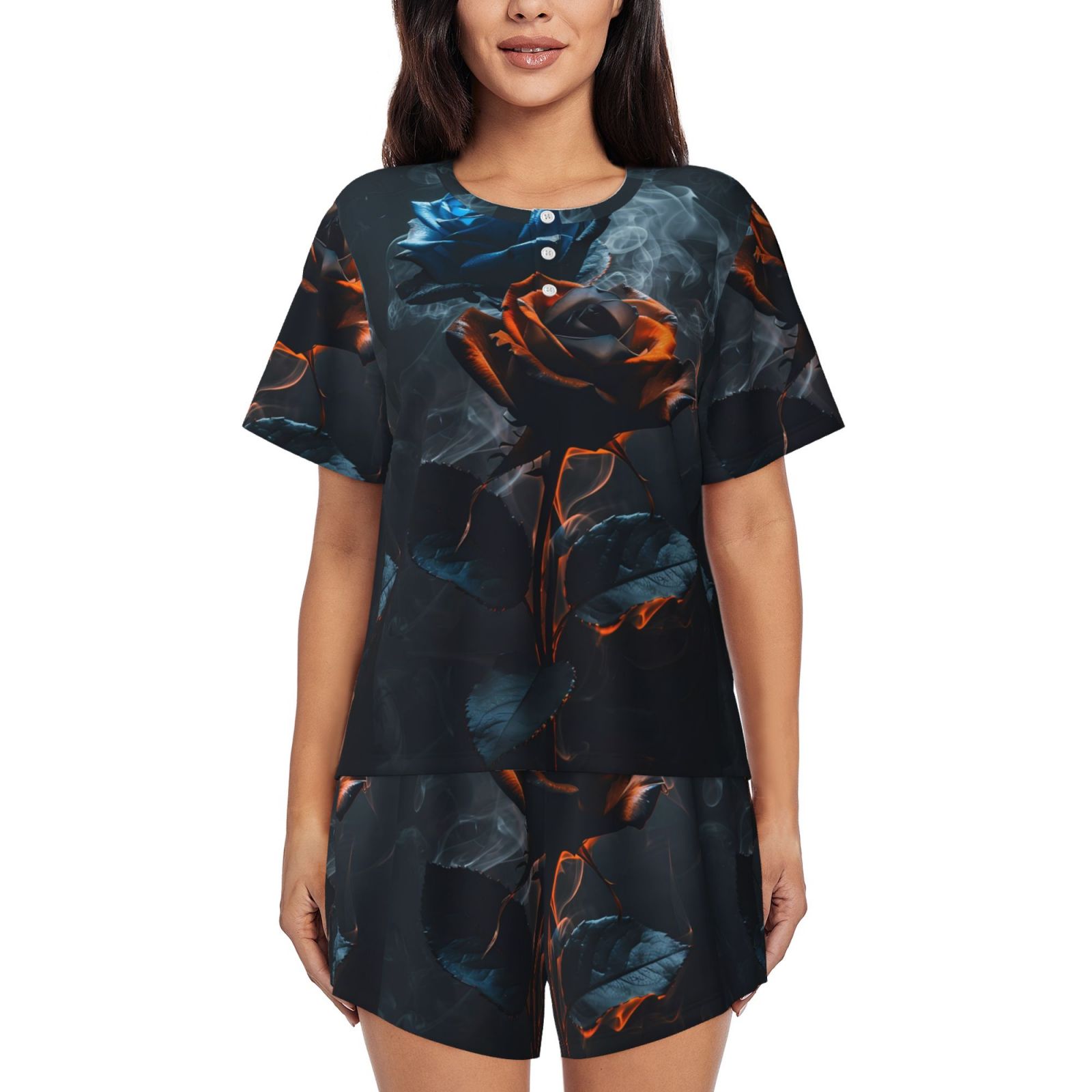 Daiia Blue and Red Roses Artwork Pattern Womens Pajama Sets Short ...