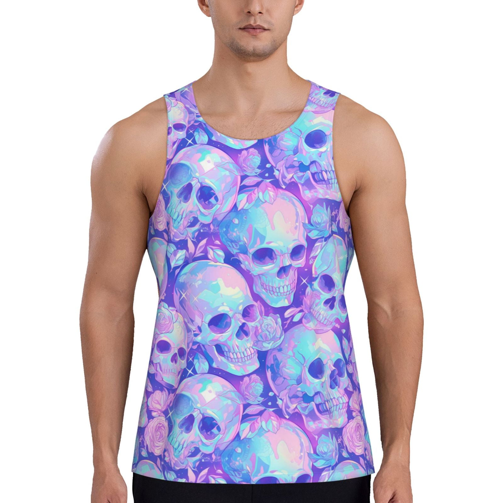 Daiia Blue Skull Daisy Printed Men's Quick Dry Fit Muscle Tank Top Slim ...