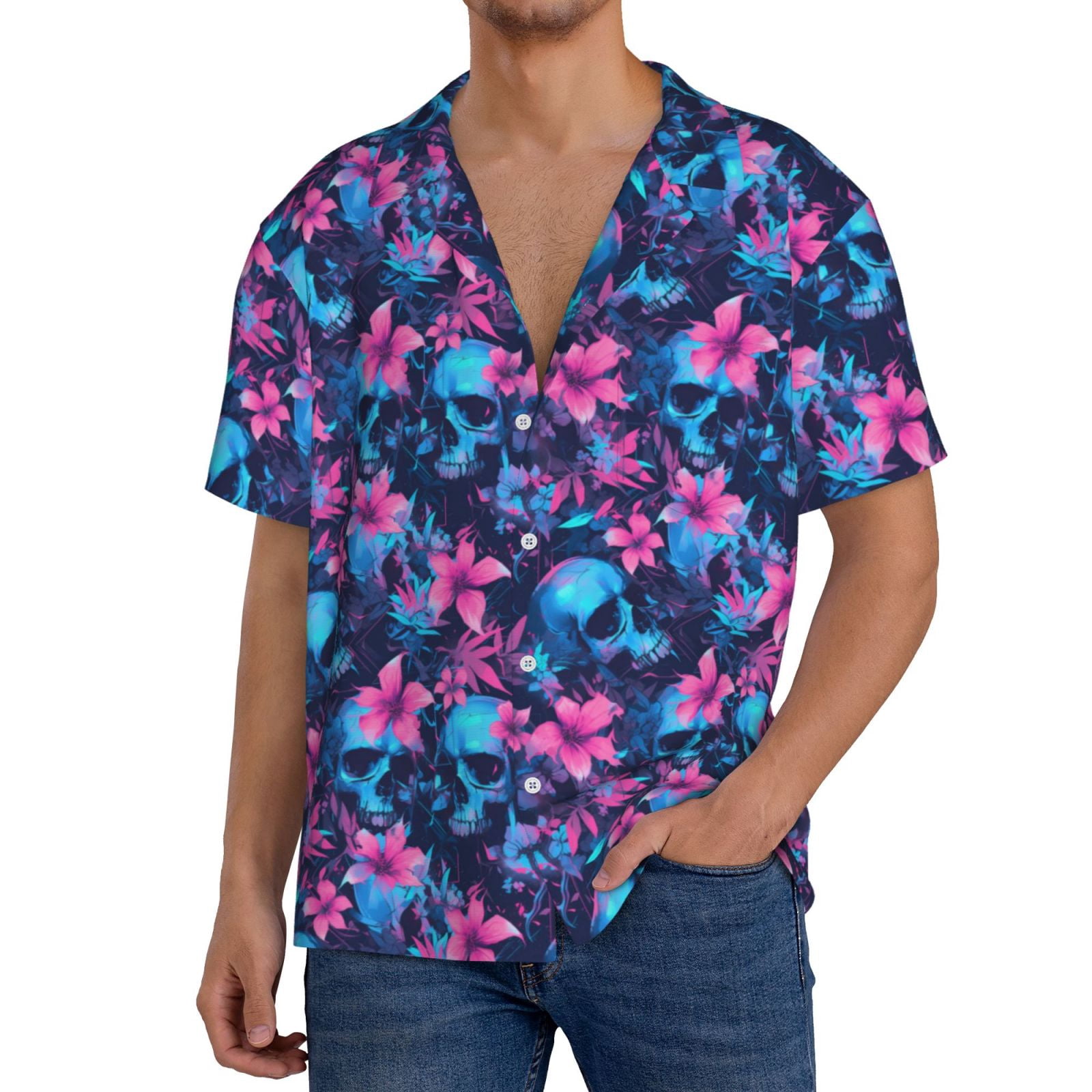 Daiia Blue Skull Flower Men's Linen Shirts Short Sleeve Casual Shirts ...