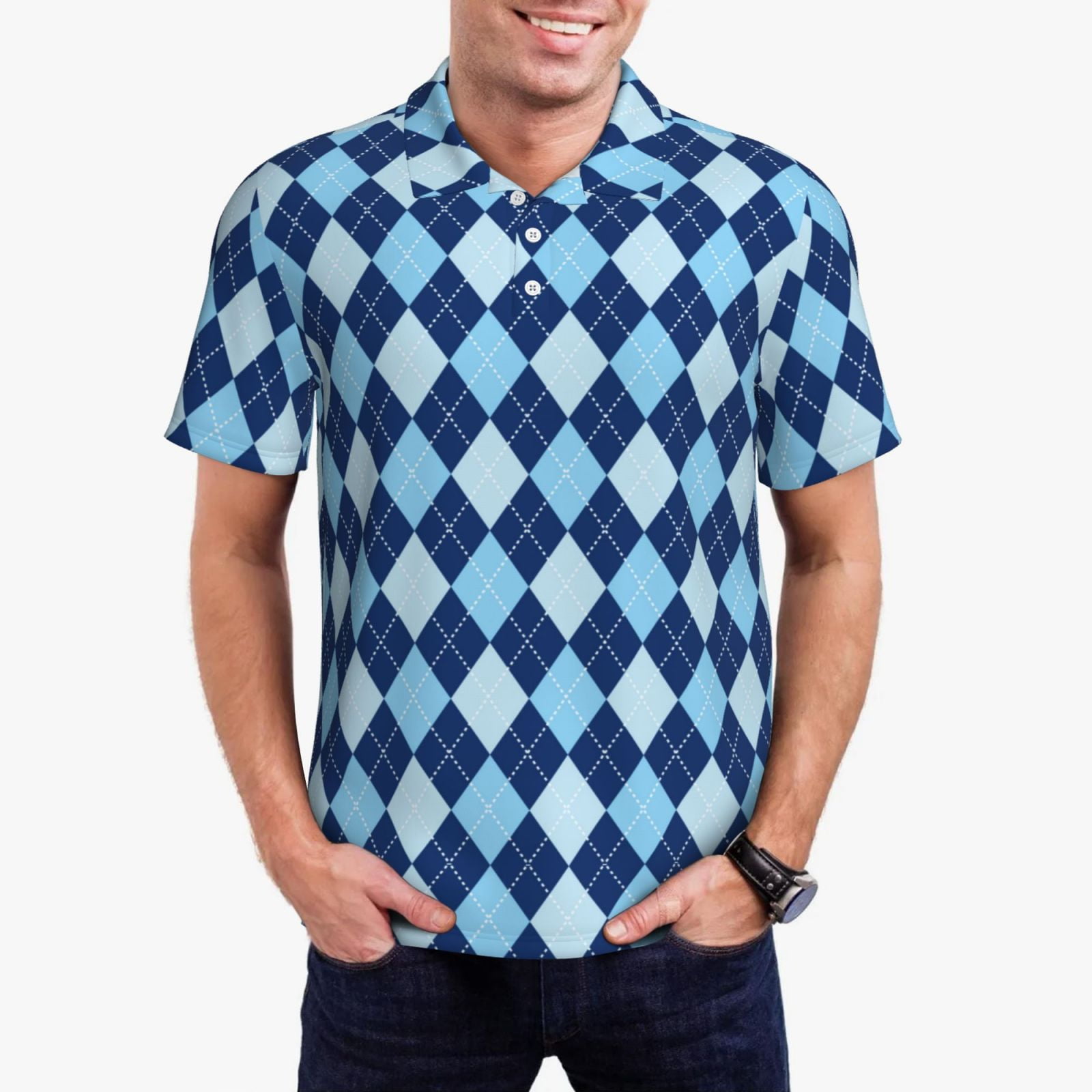 Daiia Blue Squares Pattern Men’s Polo Shirts,Solid Deck Shirt,Classic ...