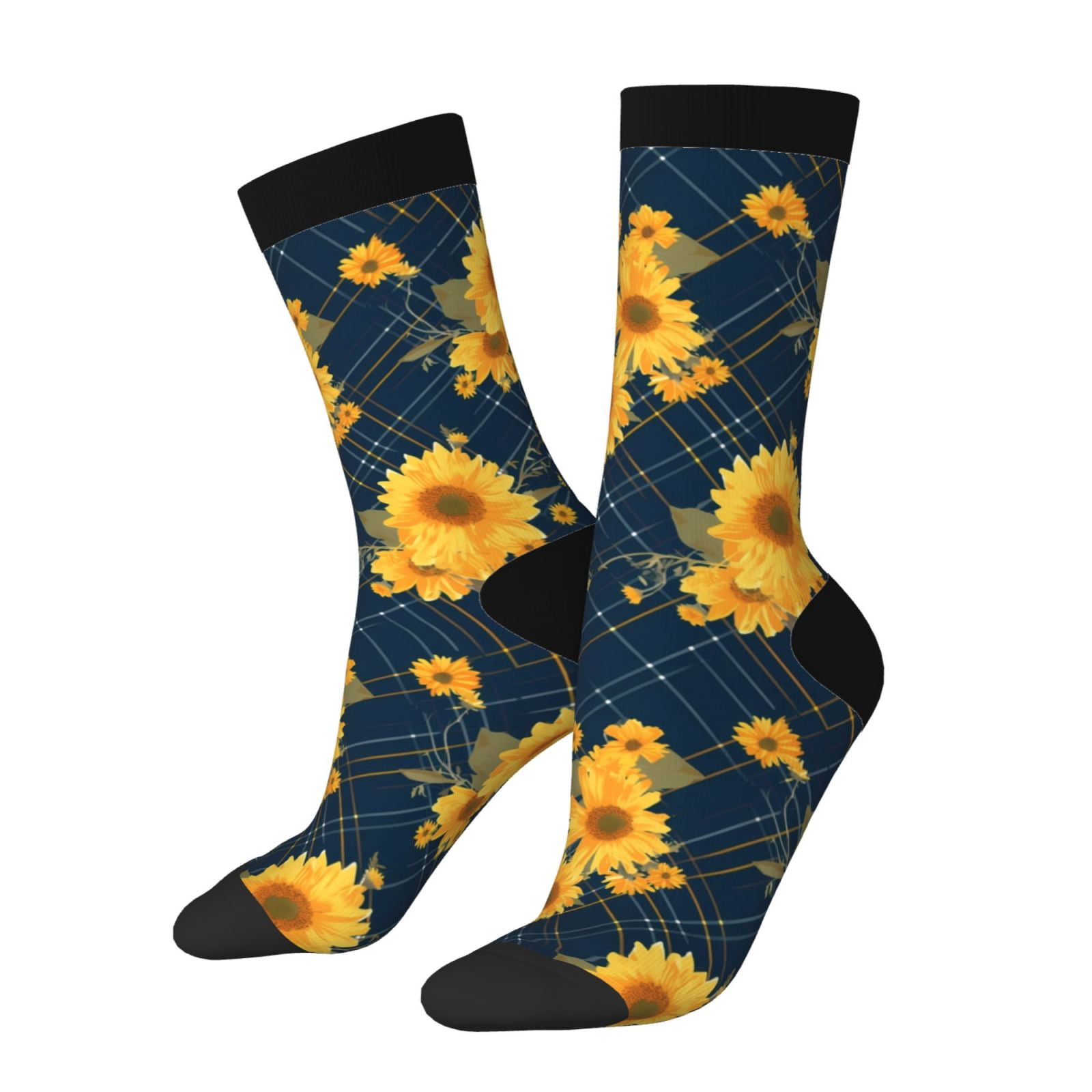 Daiia Blue Striped Sunflower A Print Crew Socks – Soft Breathable Long ...
