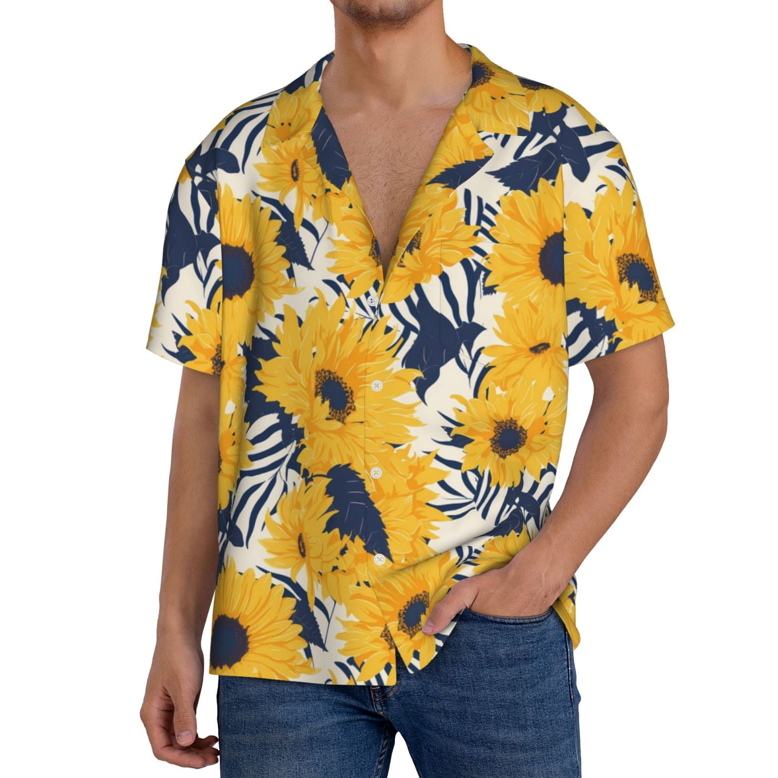 Daiia Blue Striped Sunflower Men's Linen Shirts Short Sleeve Casual ...