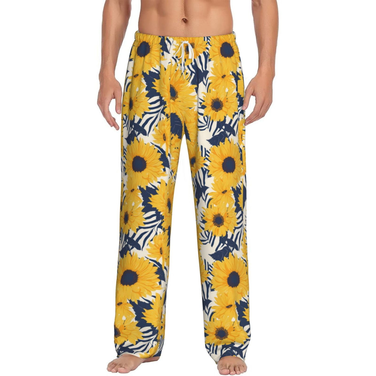 Daiia Blue Striped Sunflower Men's Sleep Pant with Pockets and ...