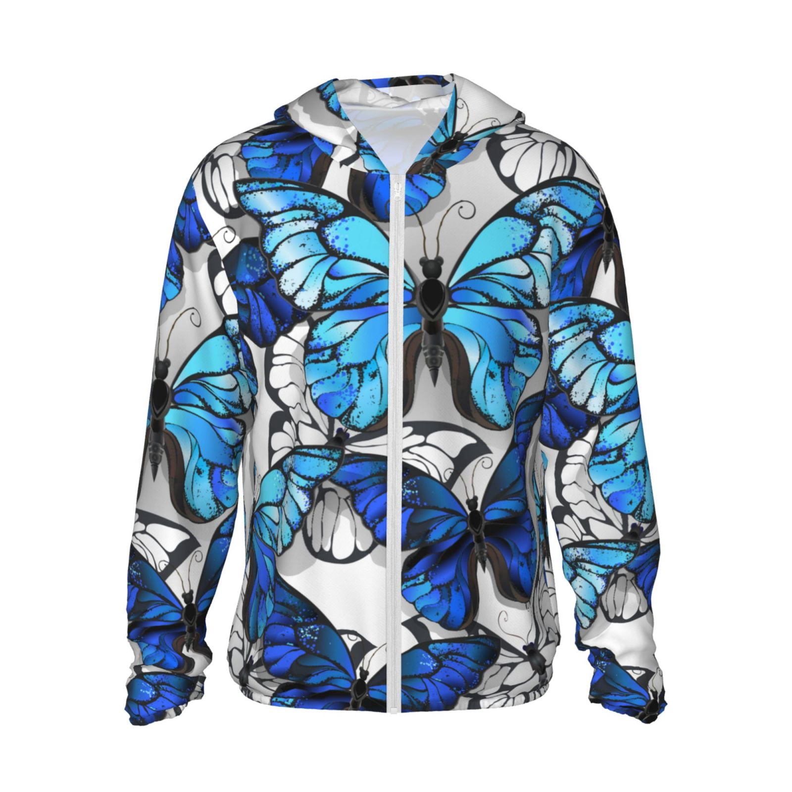 Daiia Blue and White Butterflies UPF 50+ Sun Protection Hoodie Jacket ...
