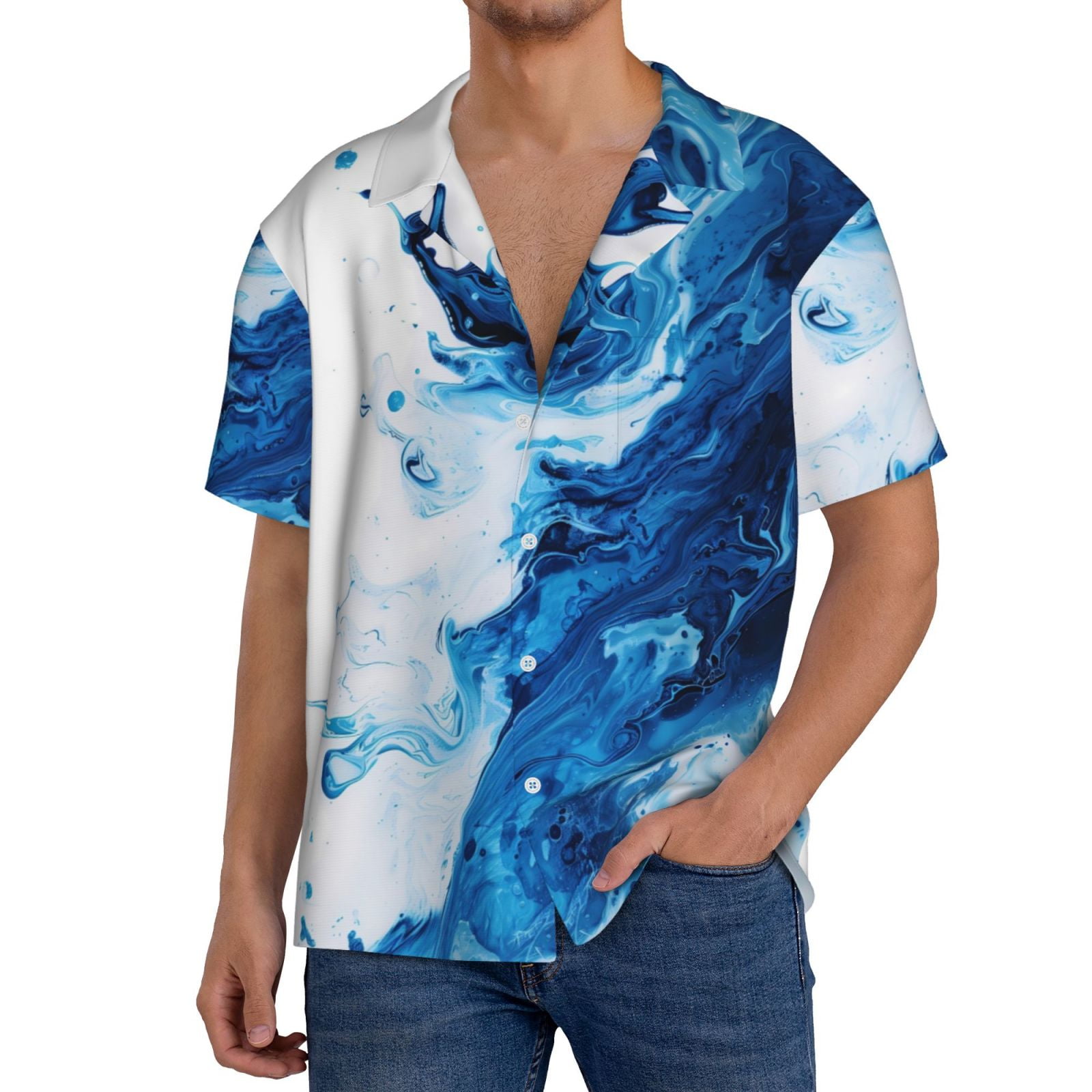 Daiia Blue White Fluid Art Men's Linen Shirts Short Sleeve Casual ...