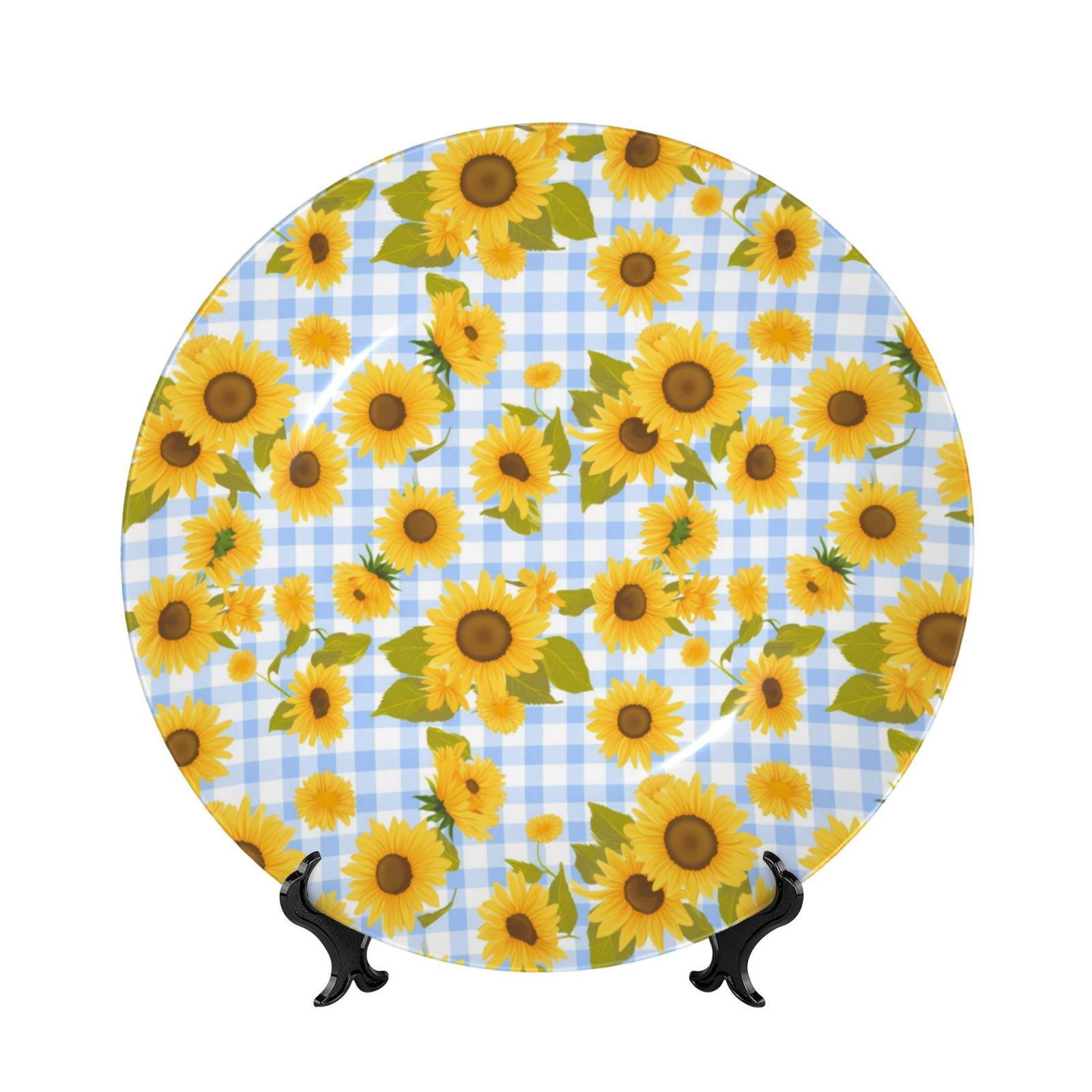 Daiia Blue White Plaid Sunflower Printed Pattern Ceramic Plate Dinner ...