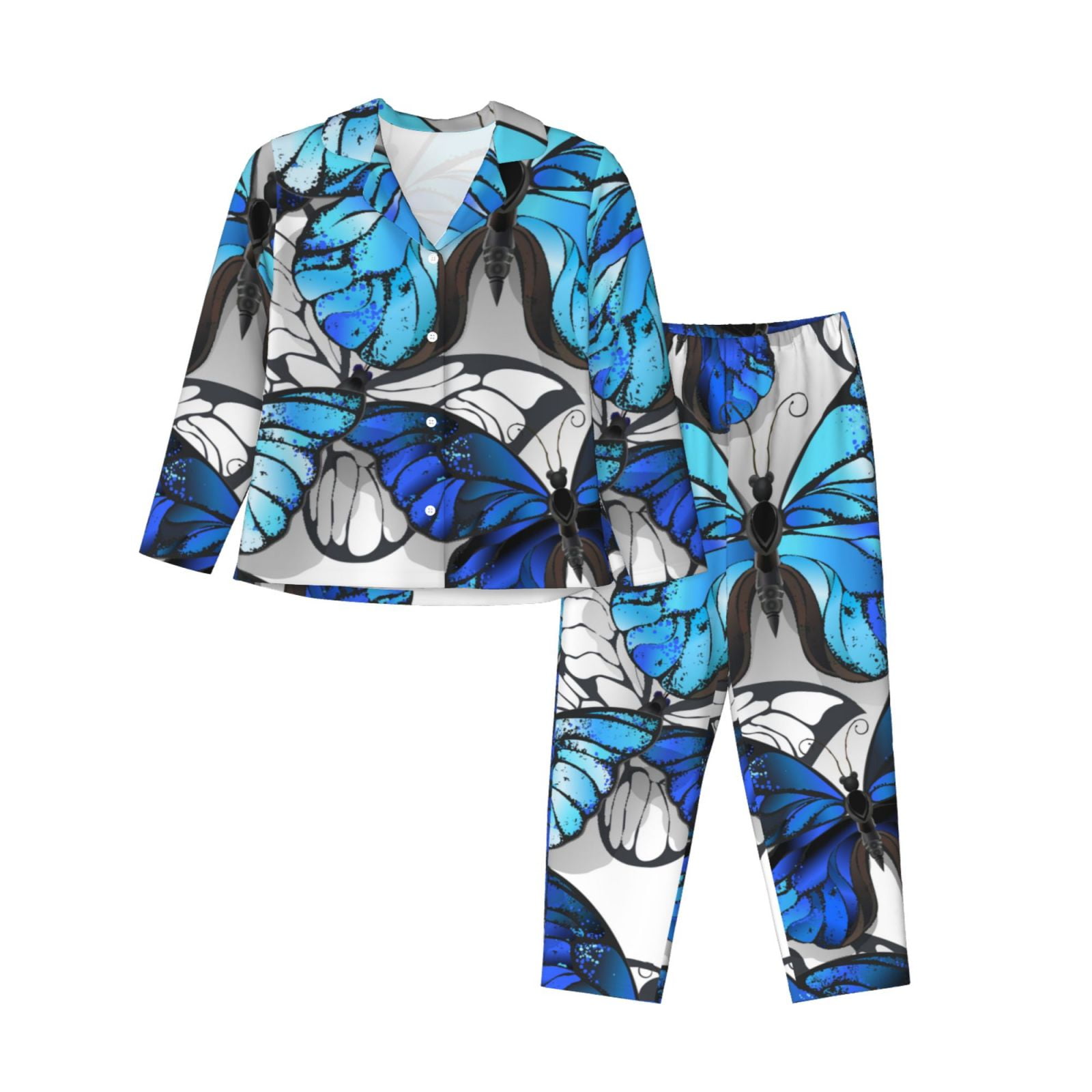 Daiia Blue and White Butterflies for Women's Long-Sleeved Pajama Set ...
