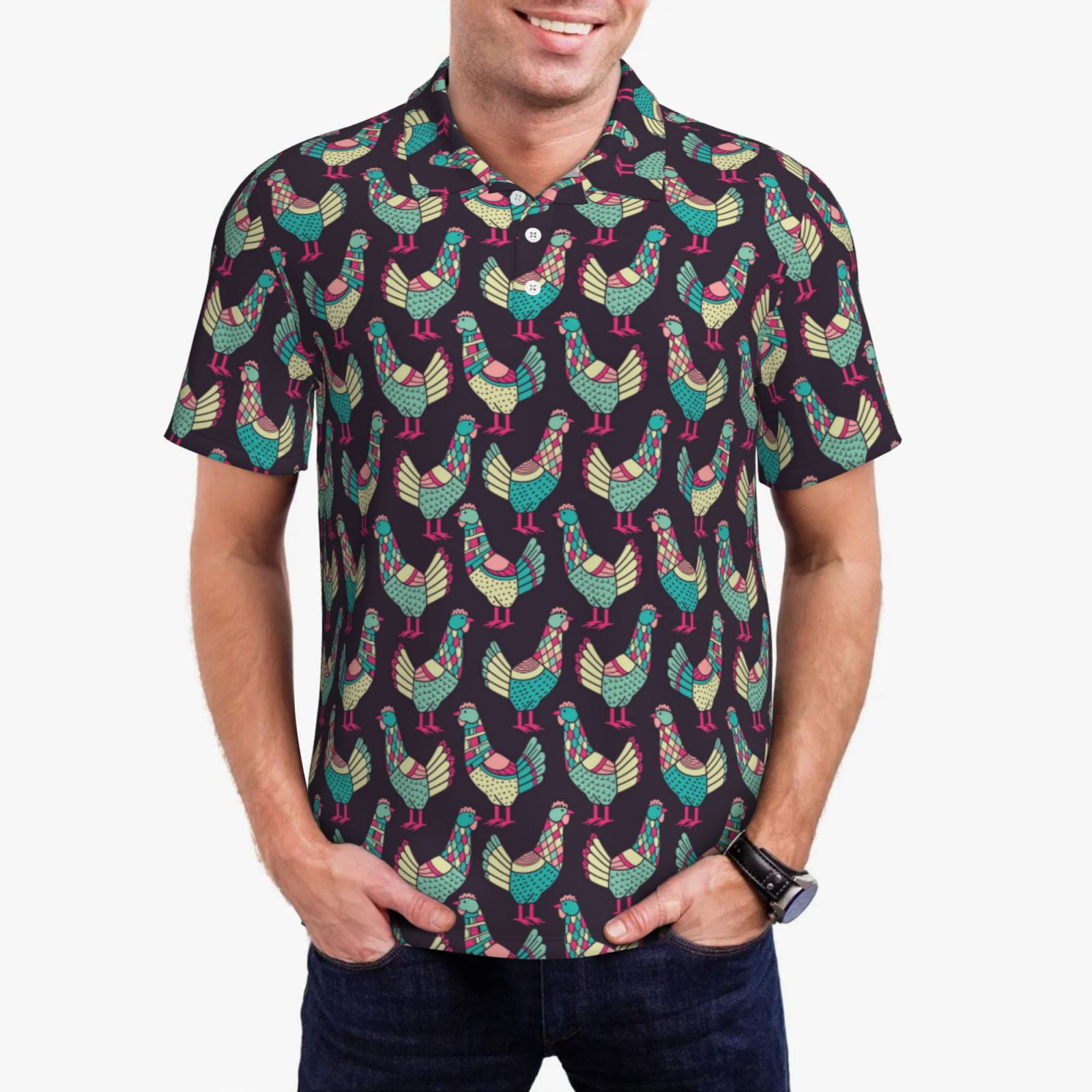 Daiia Bohemian Chicken Pattern Men’s Polo Shirts,Solid Deck Shirt ...