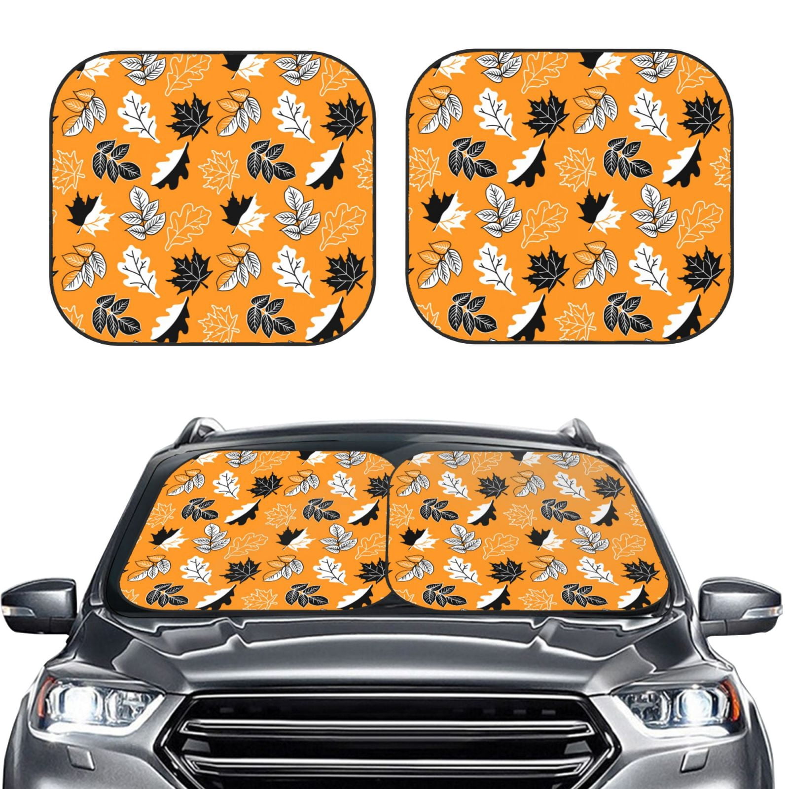 Daiia Bold Black and White Leaves Orange 2PCS Car Windshield Sun Shade ...