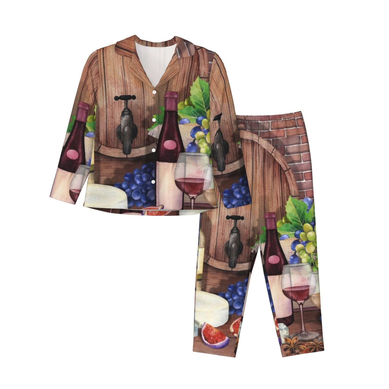 Daiia Bottle Glass Red Wine for Women's Long-Sleeved Pajama Set – Soft ...