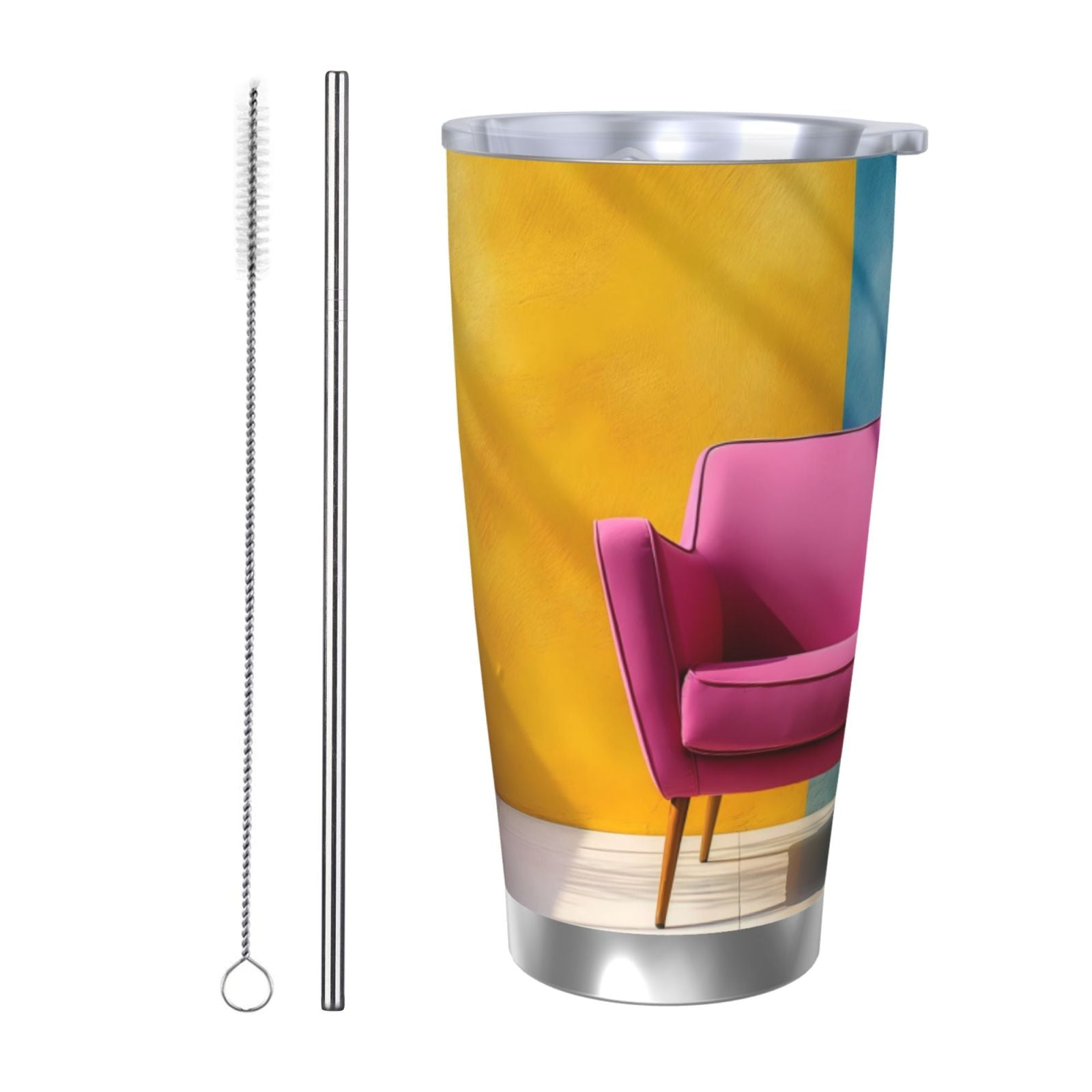 Daiia Bright Pink Chair Printed 20oz Insulated Coffee Cup with Straw ...