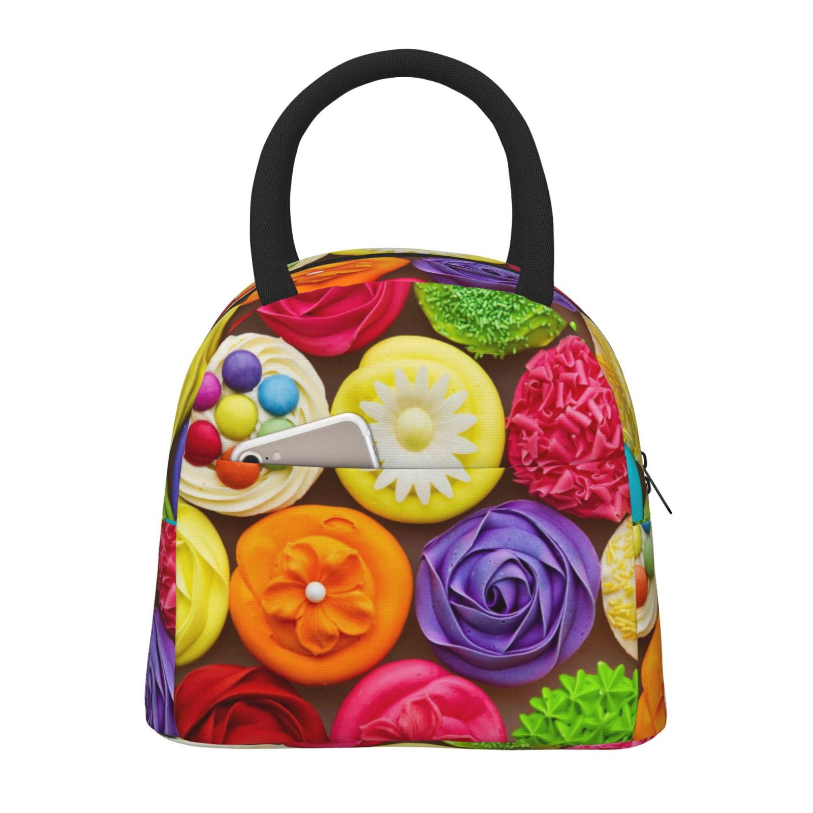 Daiia Brightly Colored Cupcakes Pattern Lunch Bag , Insulated Lunch Box ...