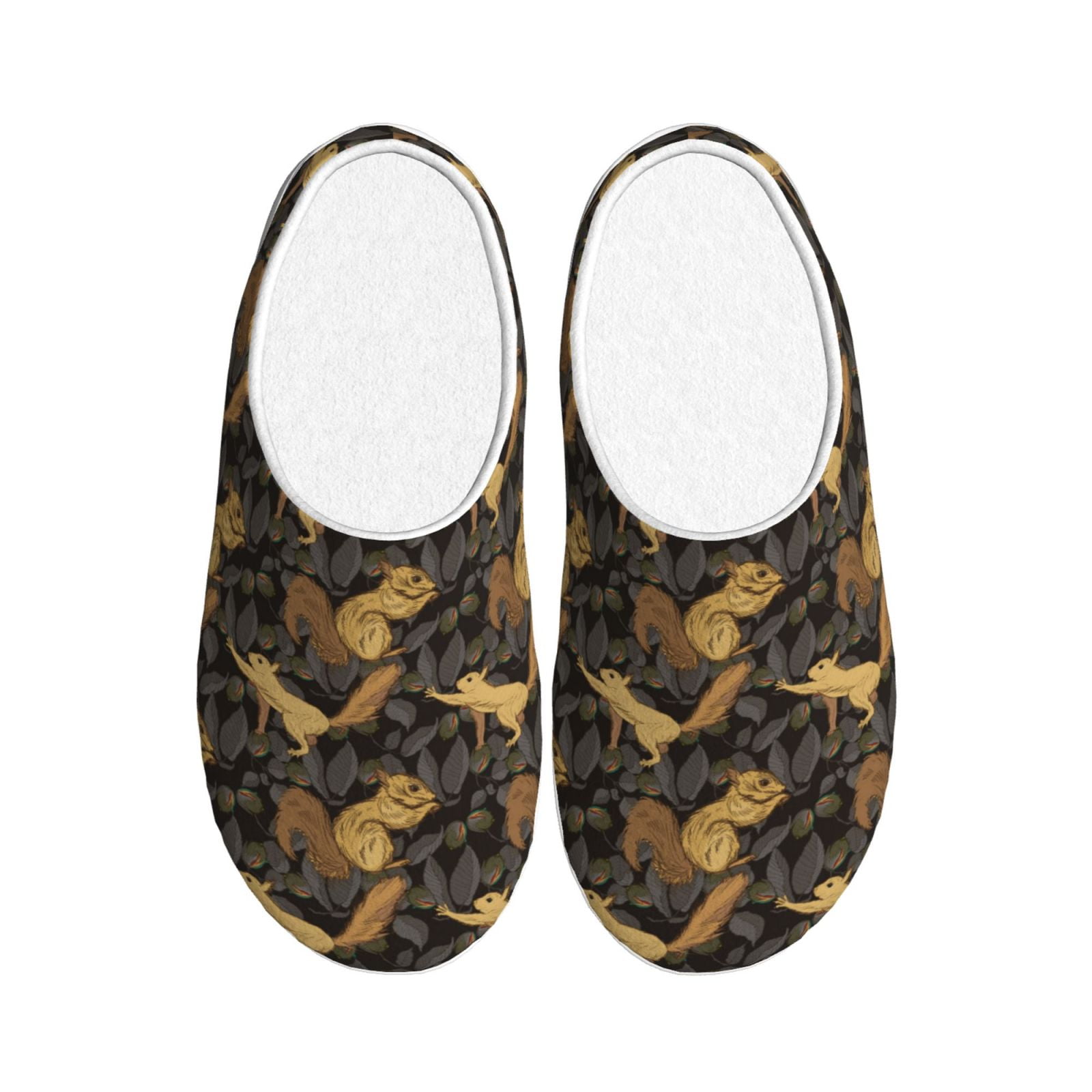 Daiia Brown Squirrel with Plants Print Women’s Fuzzy Slippers Memory ...