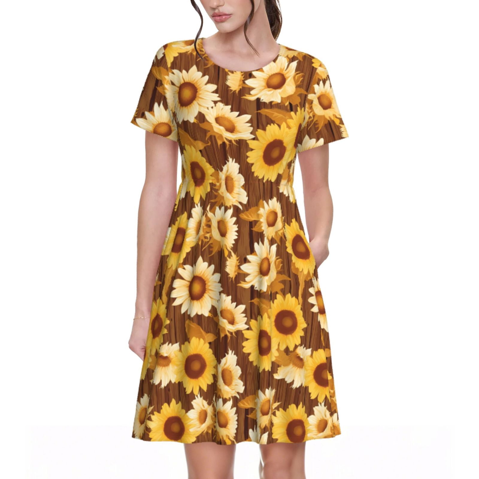 Daiia Brown Wood Grain Sunflower B Print Women's Dresses 2025 Trendy ...
