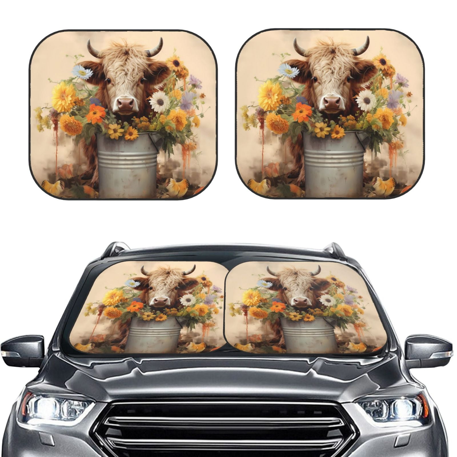 Daiia Bucket Flower Cow 2PCS Car Windshield Sun Shade, Foldable Sun ...