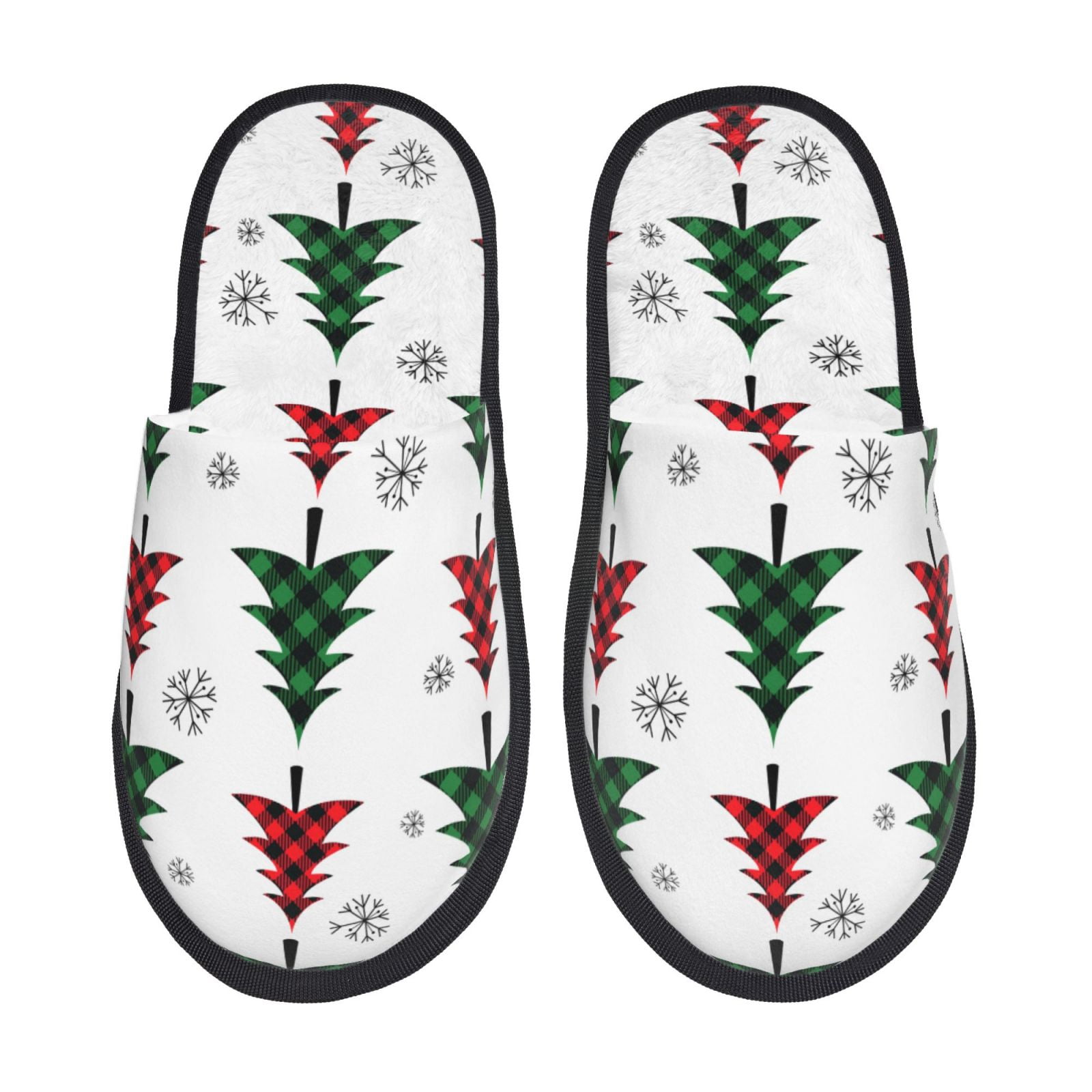 Daiia Buffalo Plaid Christmas Trees Pattern Furry Slippers for Women ...
