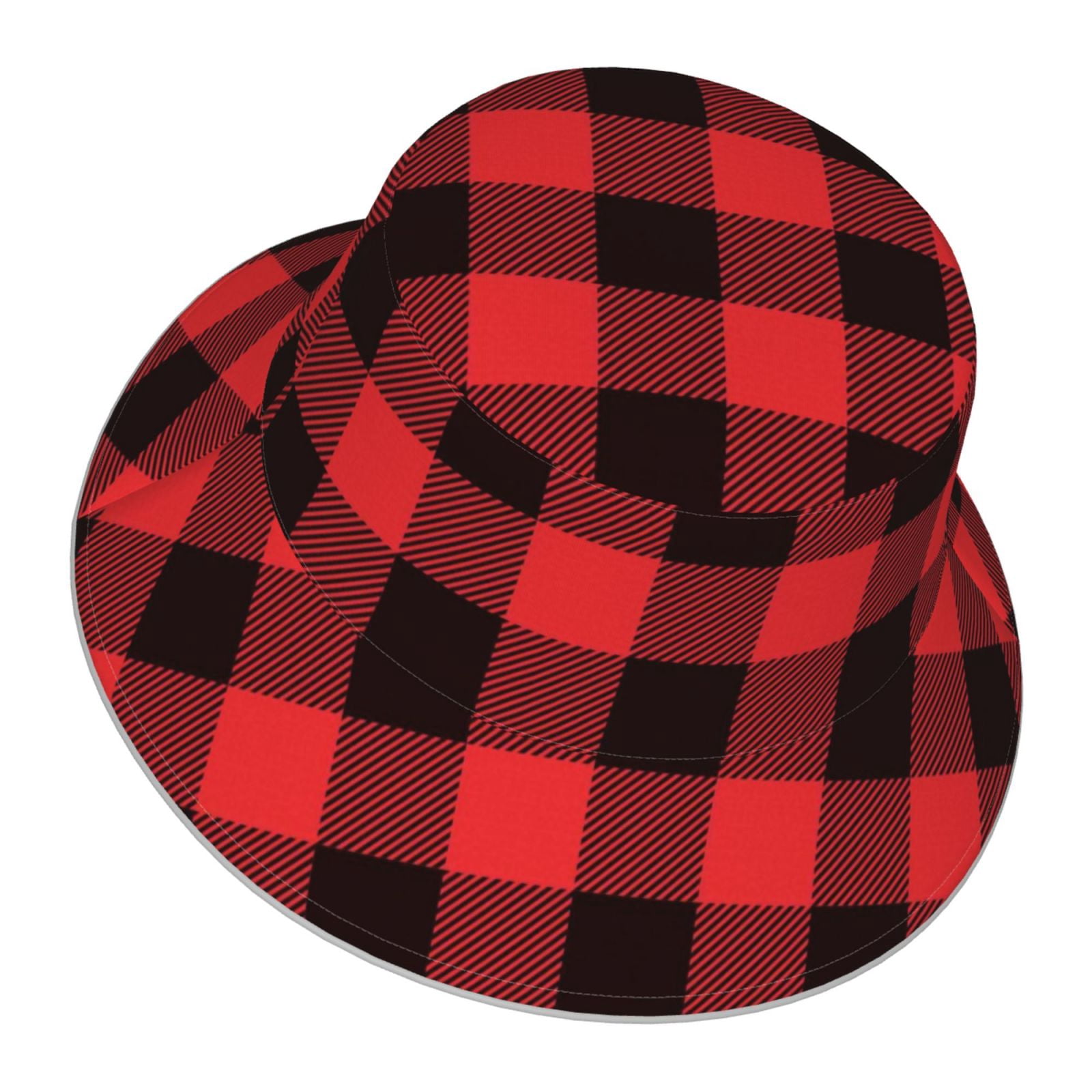 Daiia Buffalo Plaid Red Black Pattern Bucket Hat - Trendy Cotton Sun ...
