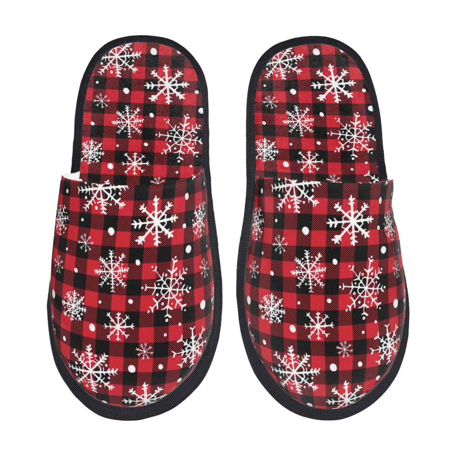 Daiia Buffalo Plaid Snowflakes Pattern Furry Slippers for Women and Men ...
