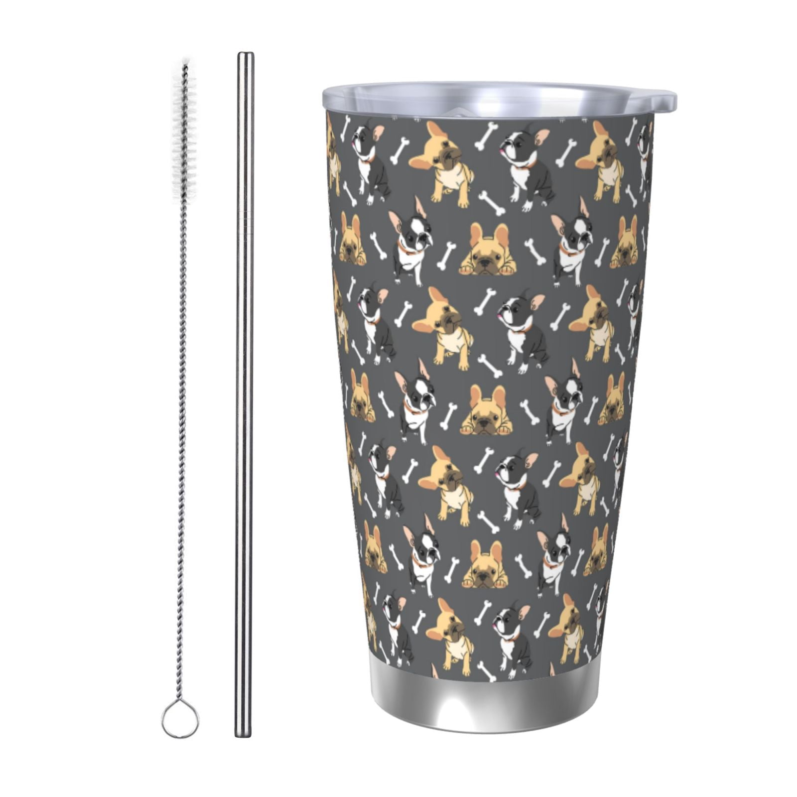 Daiia Bulldog Print Printed 20oz Insulated Coffee Cup with Straw Topper ...