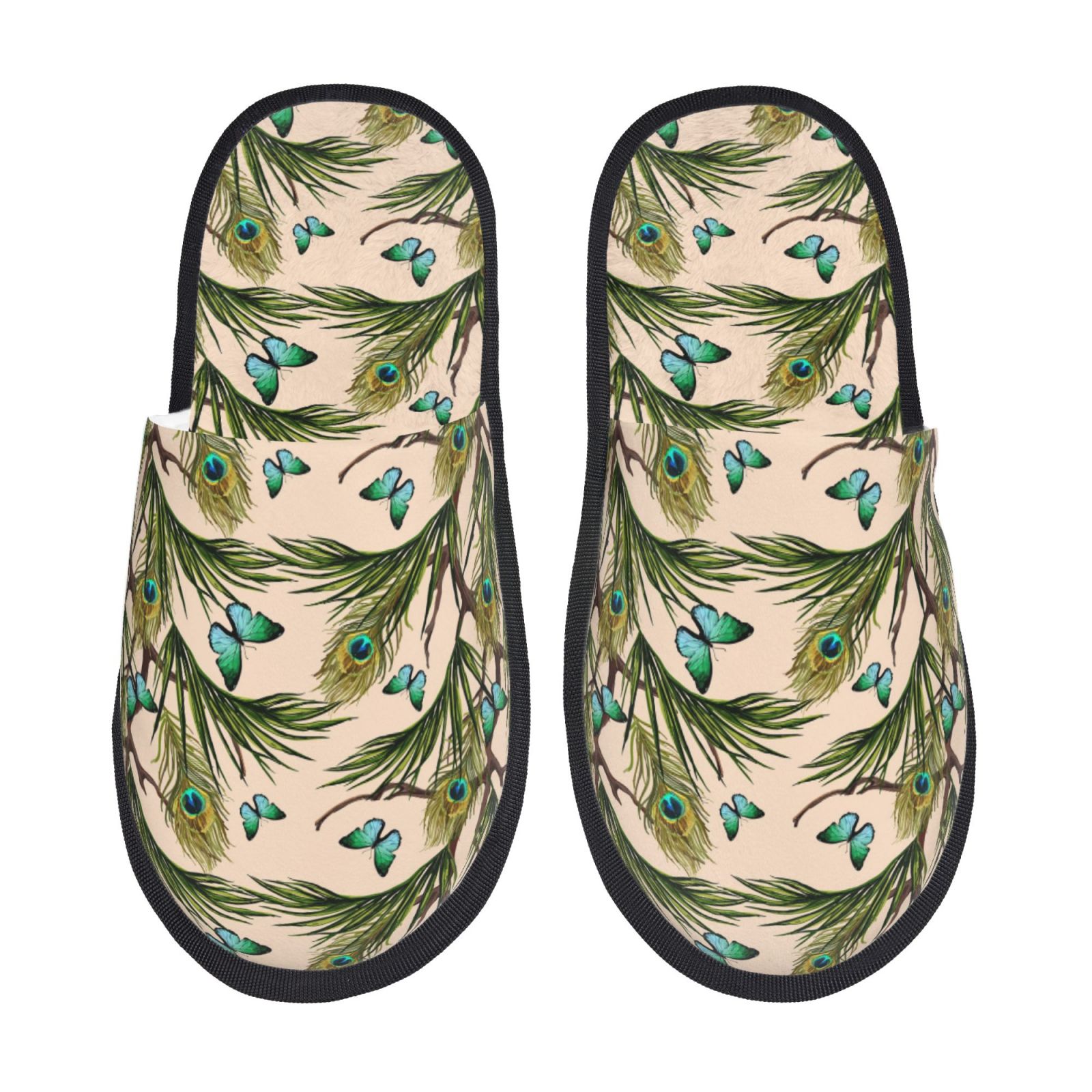 Daiia Butterflies And Peacock Feathers Pattern Furry Slippers for Women ...