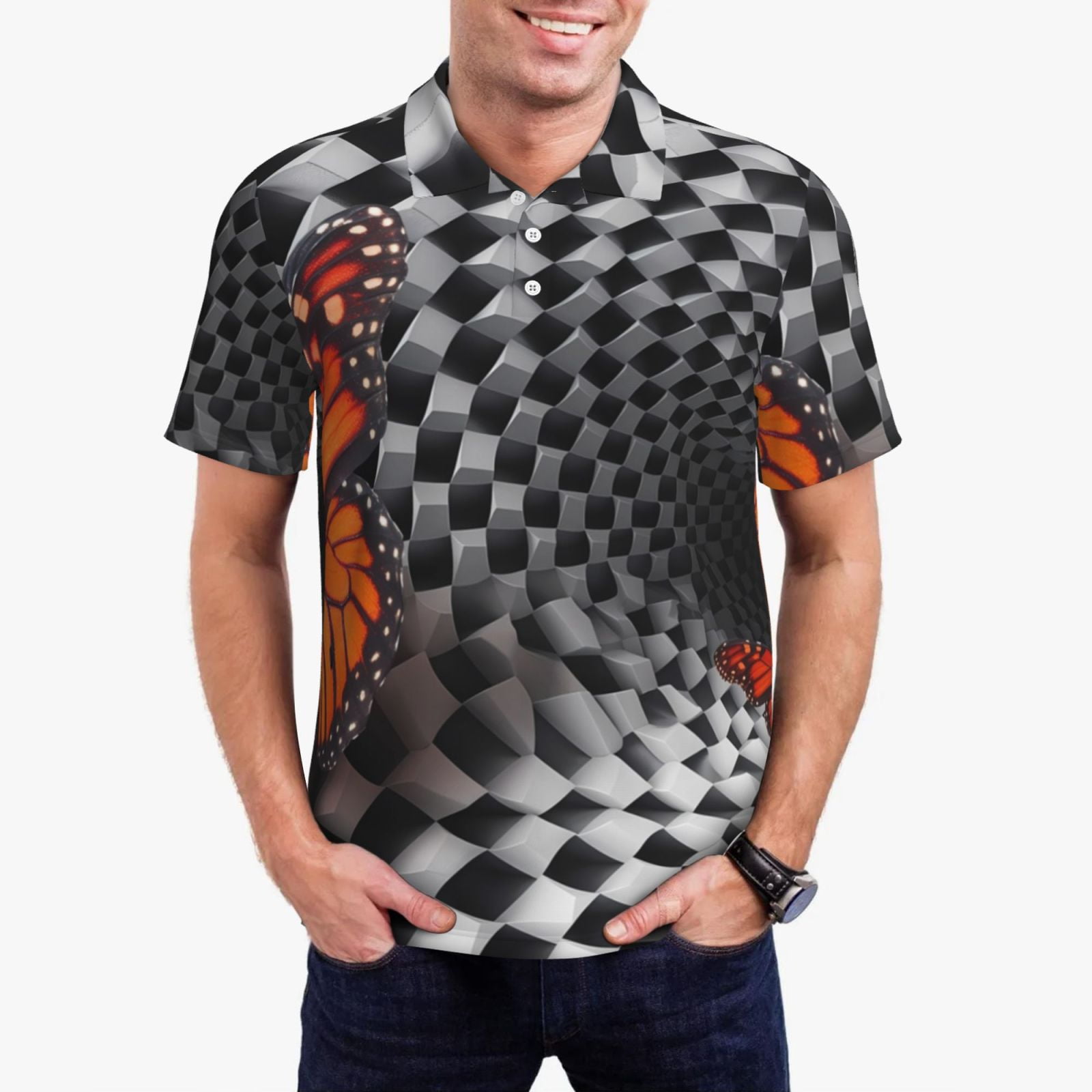 Daiia Butterflies Optical Illusion Pattern Men’s Polo Shirts,Solid Deck ...