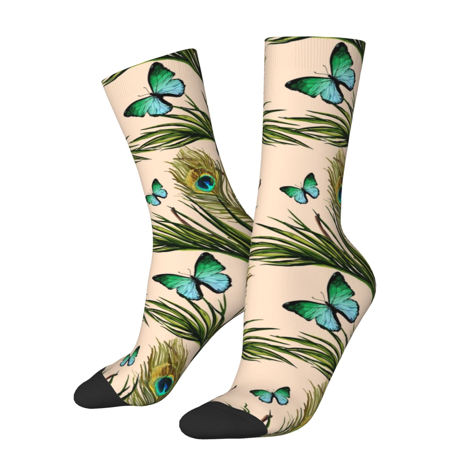 Daiia Butterflies And Peacock Feathers Print Crew Socks – Soft ...