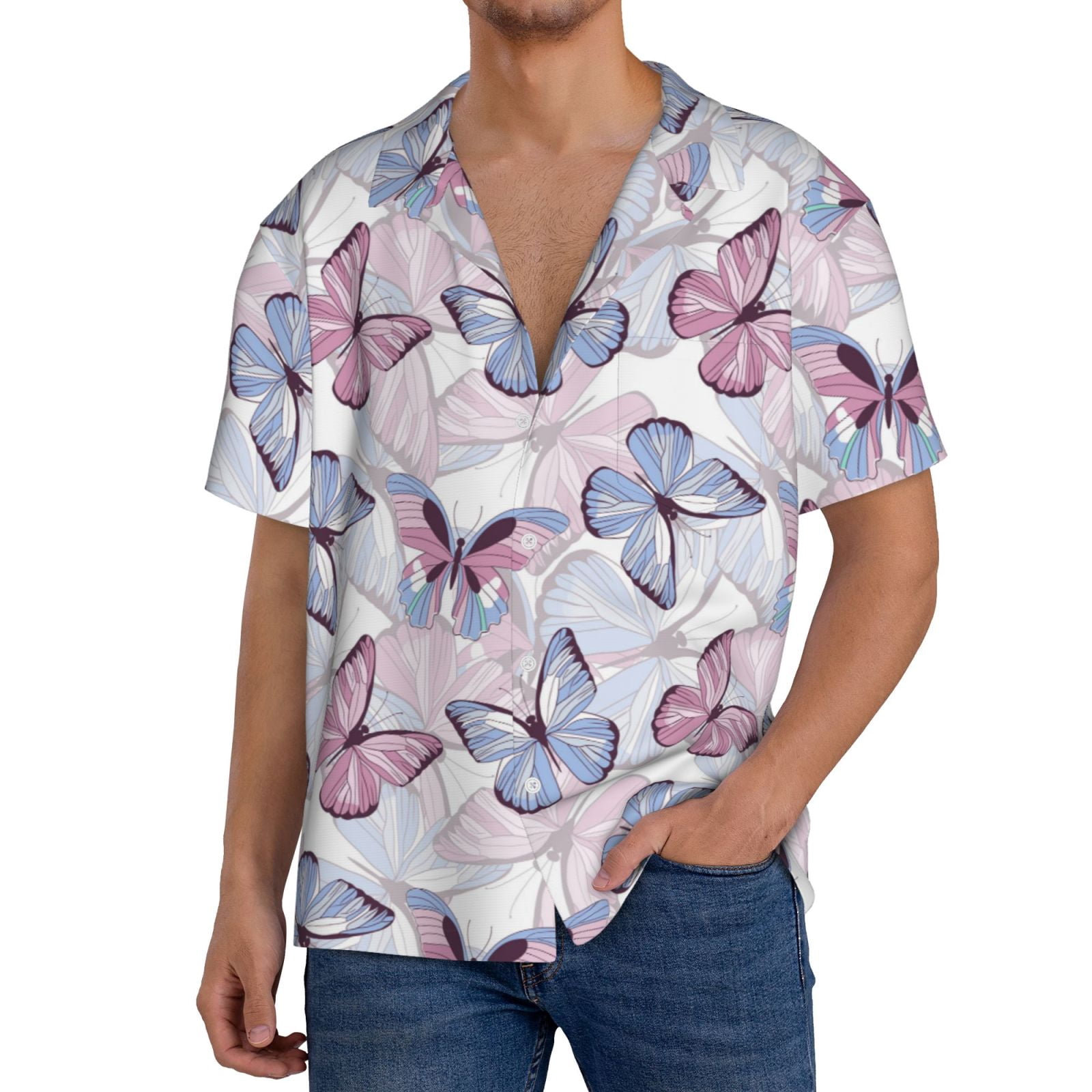 Daiia Butterflies in Pastel Men's Linen Shirts Short Sleeve Casual ...