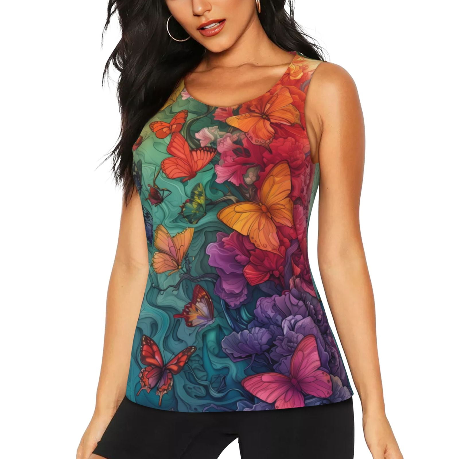 Daiia Butterfly Flower Cascade Printed Womens Workout Tops for Women ...