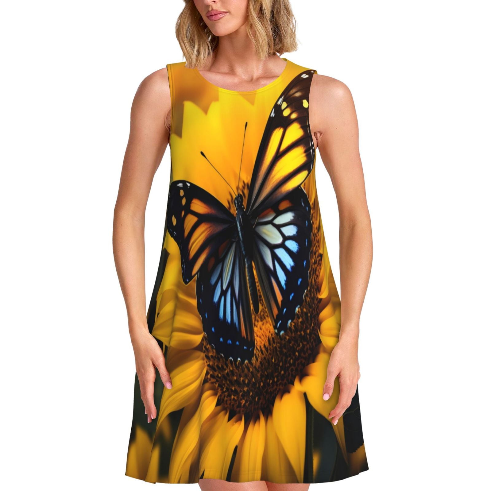 Daiia Butterfly On Sunflower Print Women's Dresses 2025 Trendy Short ...