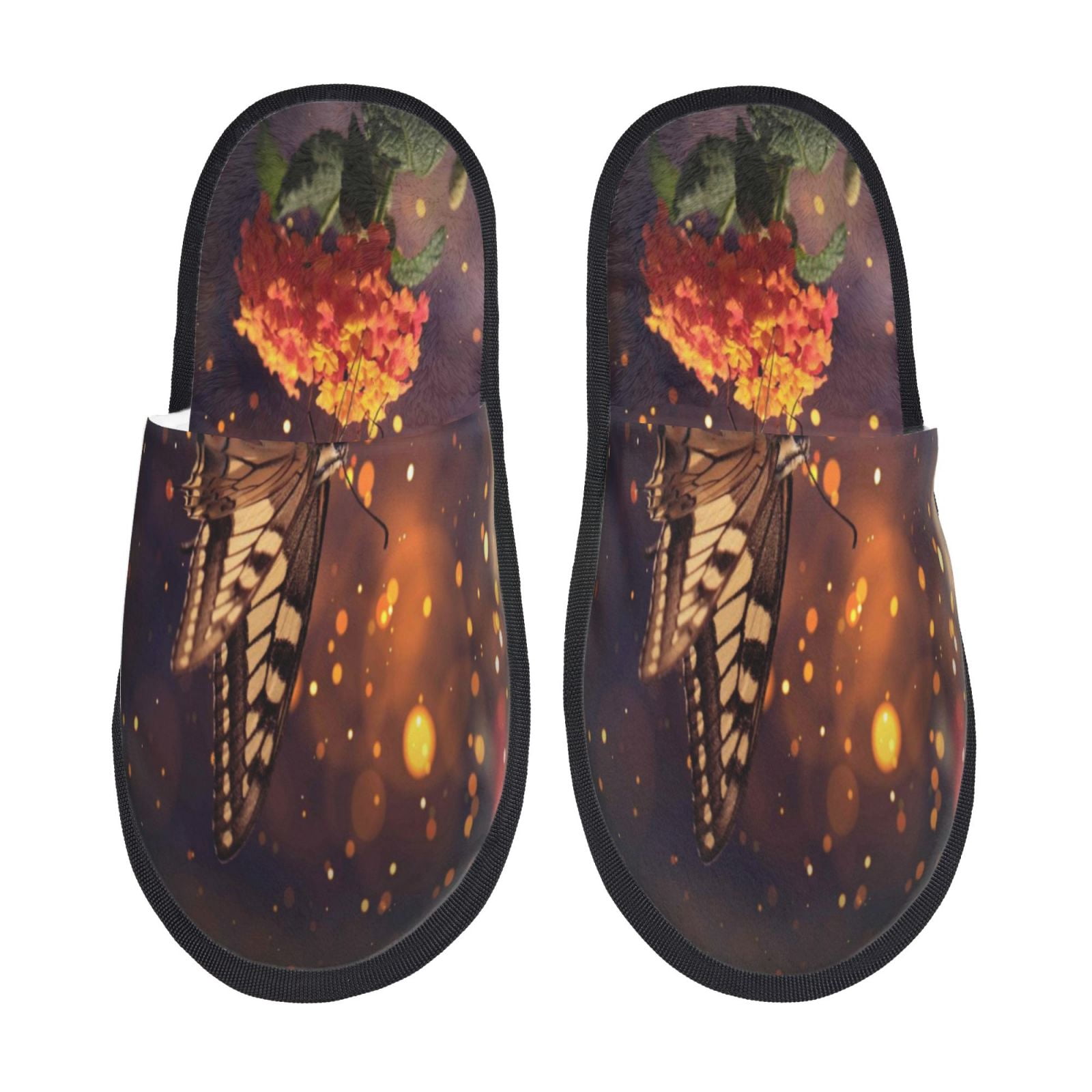 Daiia Butterfly Sitting on a Flower Pattern Furry Slippers for Women ...