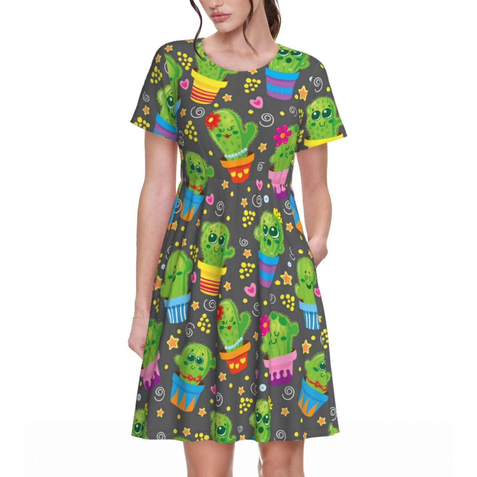 Daiia Cactus In Pots Print Women's Dresses 2025 Trendy Short sleeve ...